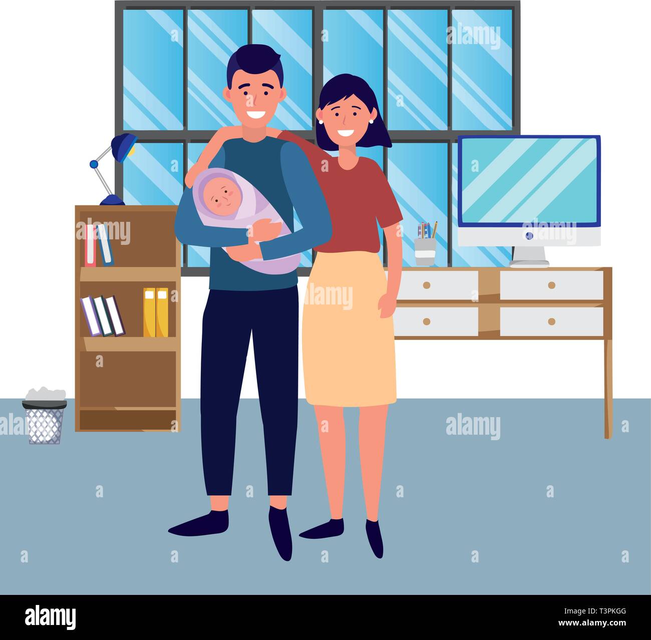 couple with baby avatar cartoon character indoor studio office vector ...