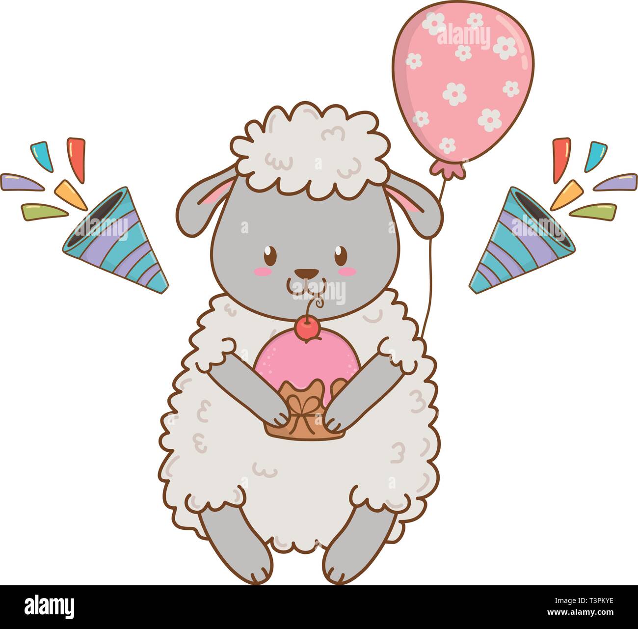 cute little animal sheep at birthday party festive scene cartoon vector ...