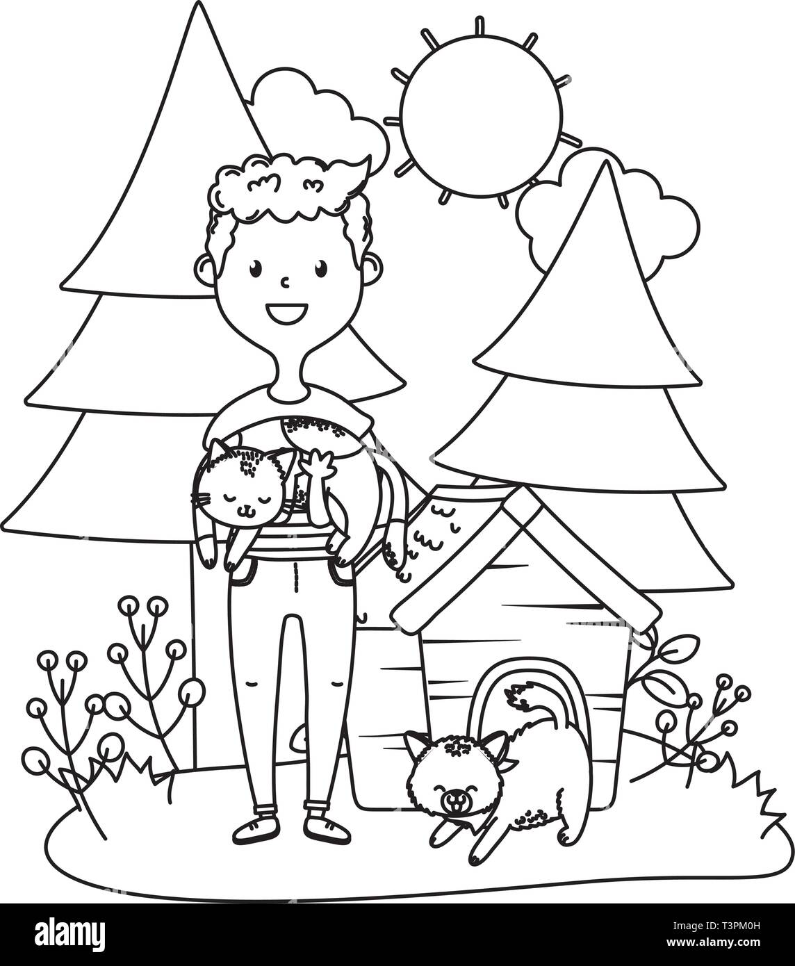 childhood happy child boy with little animals pets at outdoor scene ...