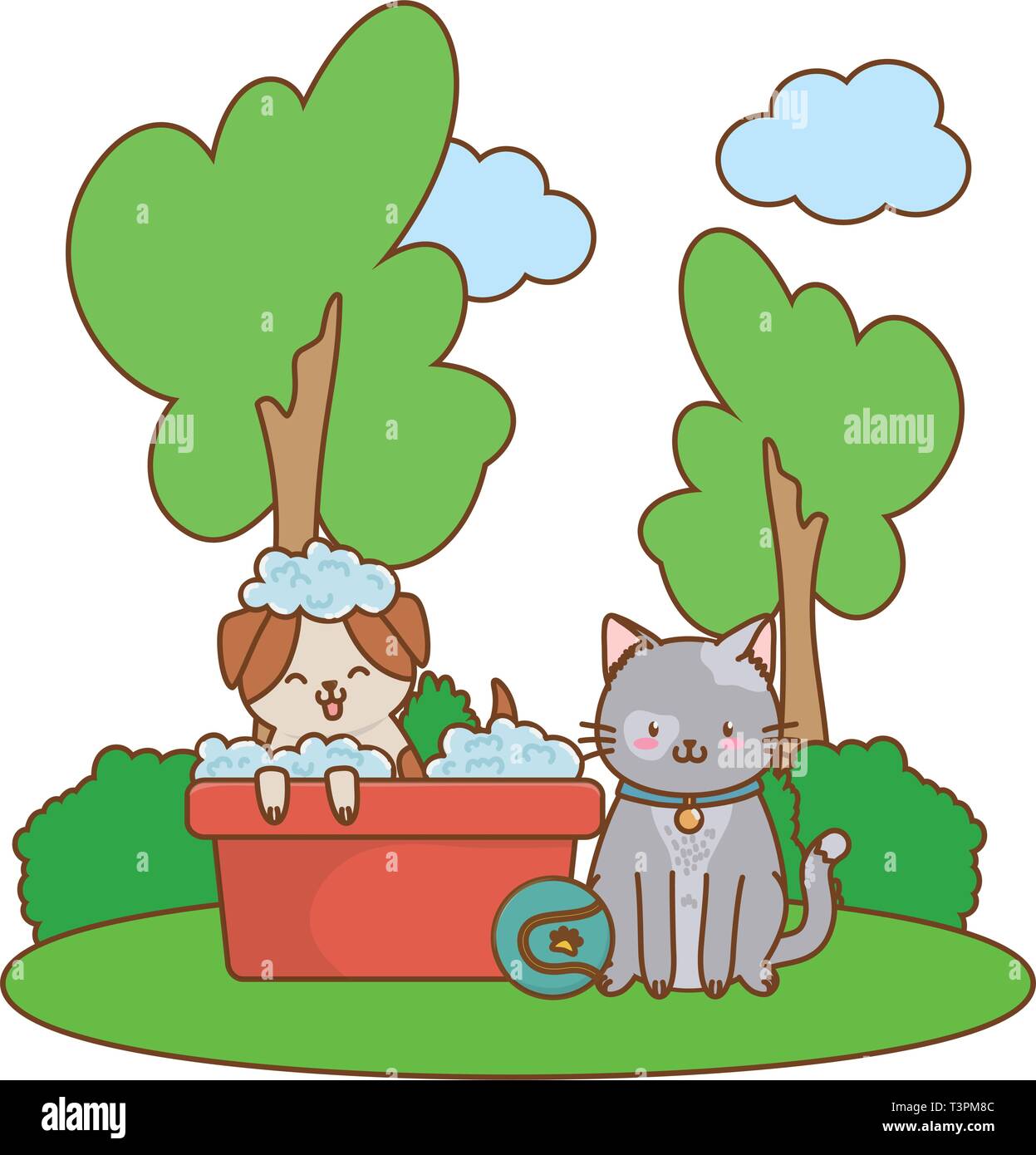 cute funny pets outdoor nature scene cartoon vector illustration ...