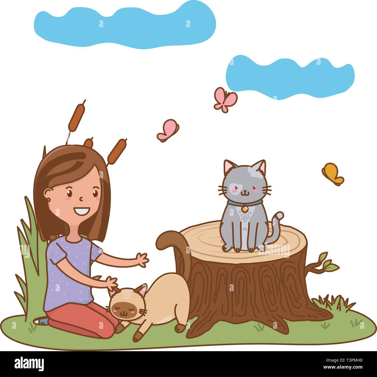 childhood happy child girl with cute little pets animals at outdoor ...