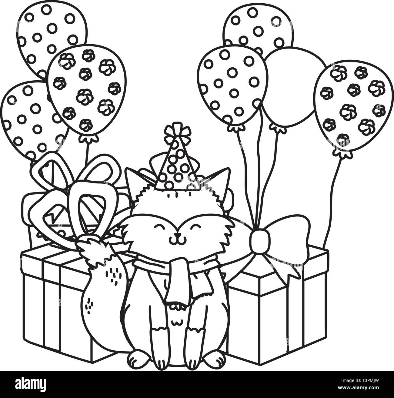 cute adorable animal fox birthday party scene festive cartoon vector ...