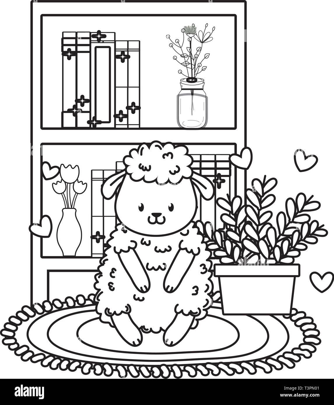 cute little animal sheep at library room with furniture cartoon vector ...