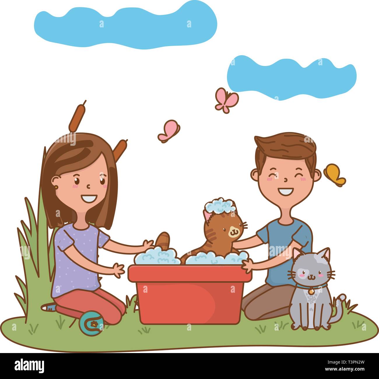 childhood happy child couple with little cute pets at outdoor scene ...
