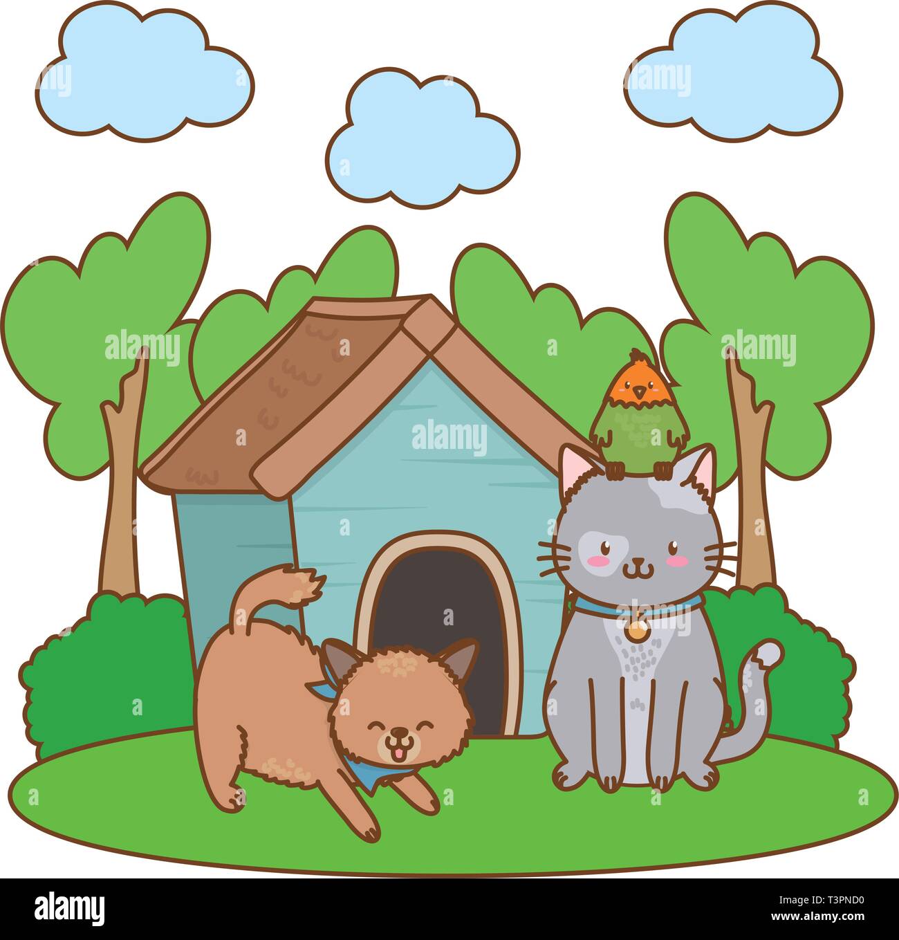 cute funny pets outdoor nature scene cartoon vector illustration ...