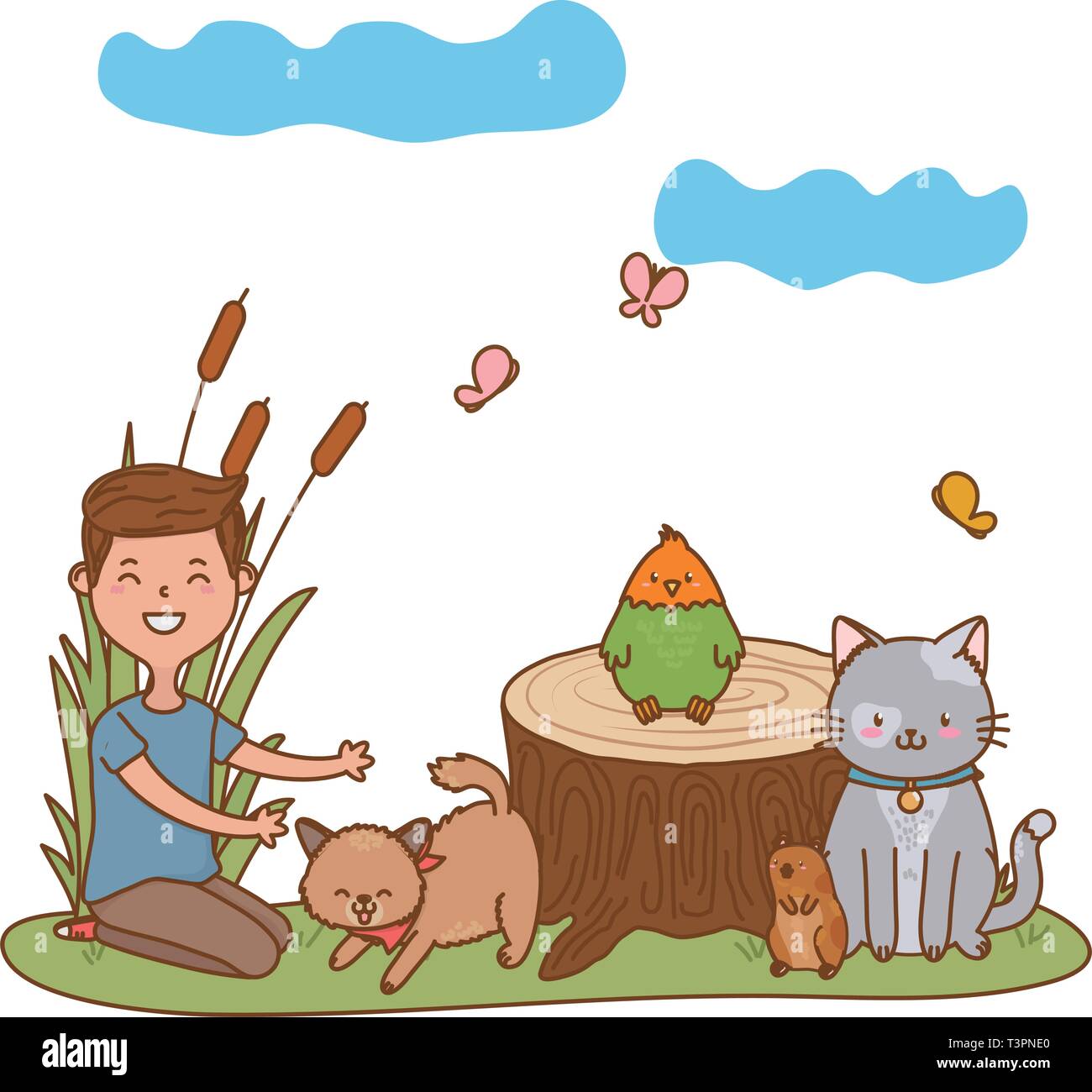 childhood happy child boy with little cute pets at outdoor scene ...