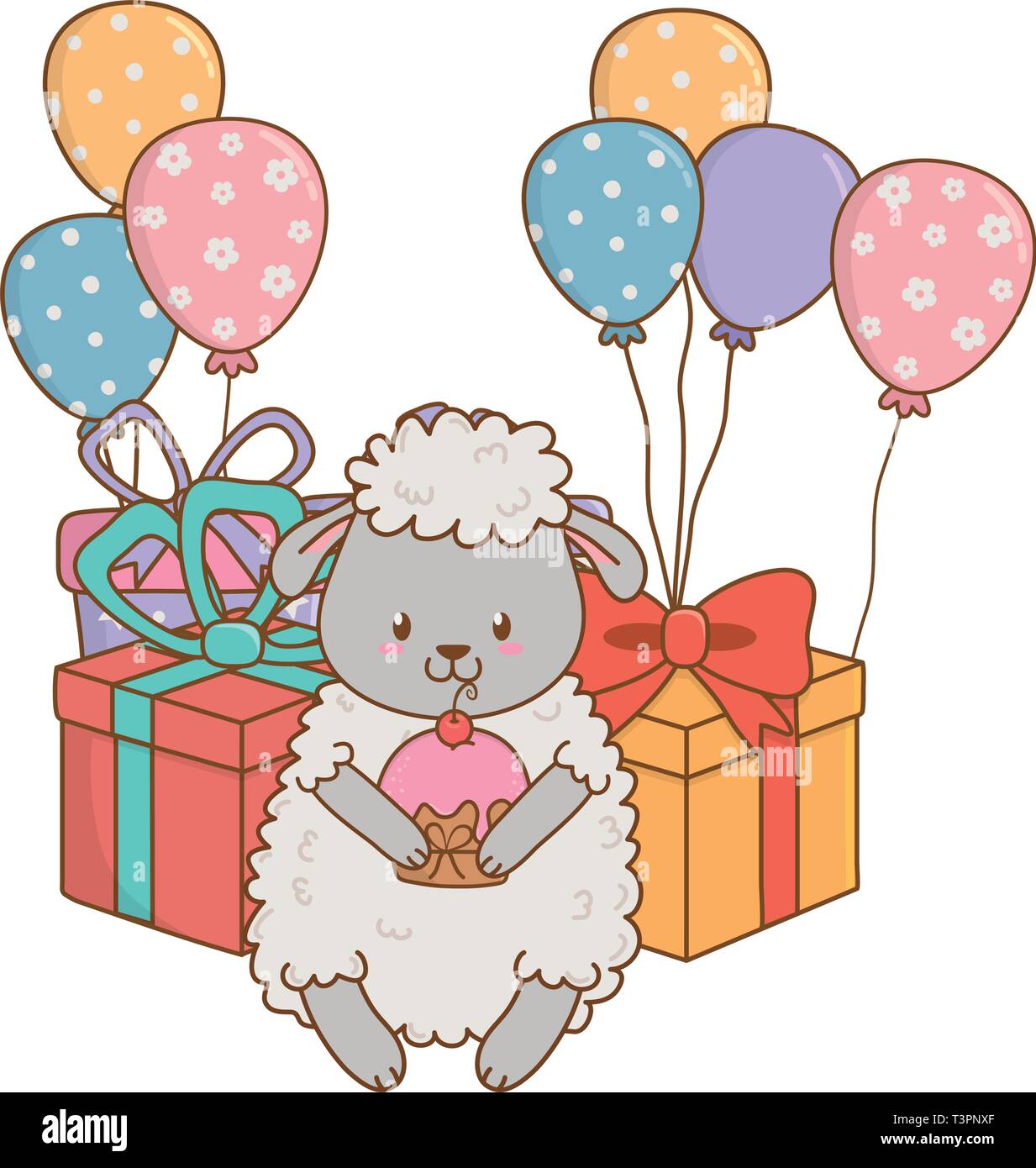 cute adorable animal sheep birthday party scene festive cartoon vector ...