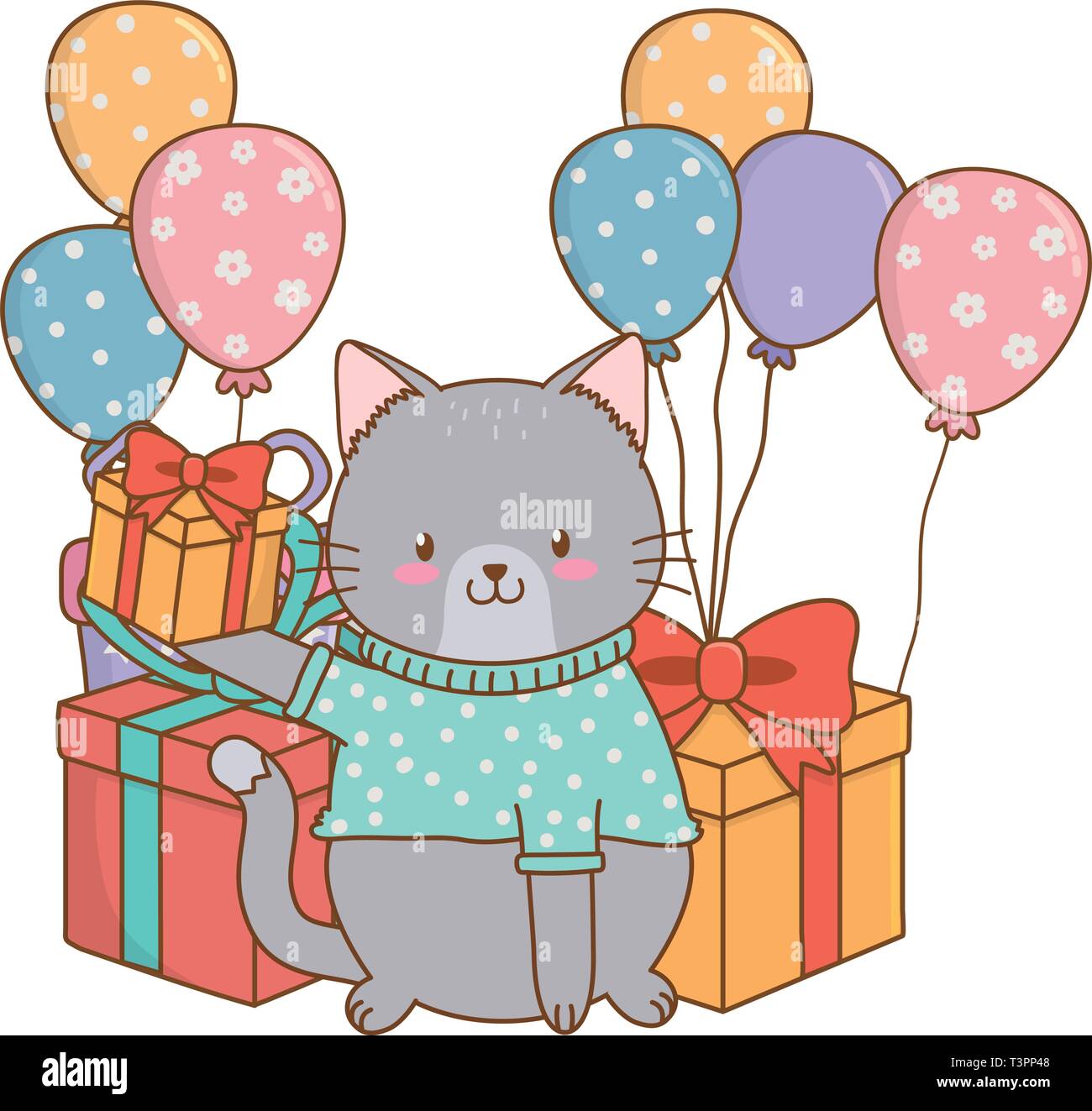 cute adorable animal cat birthday party scene festive cartoon vector ...