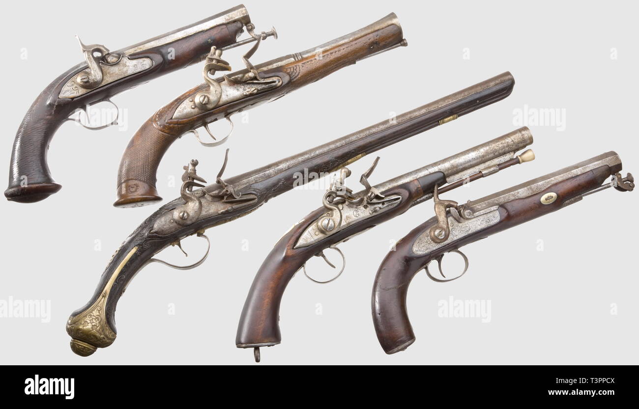 Small arms, five pistols, caplock and flintlock, 18th and 19th century ...