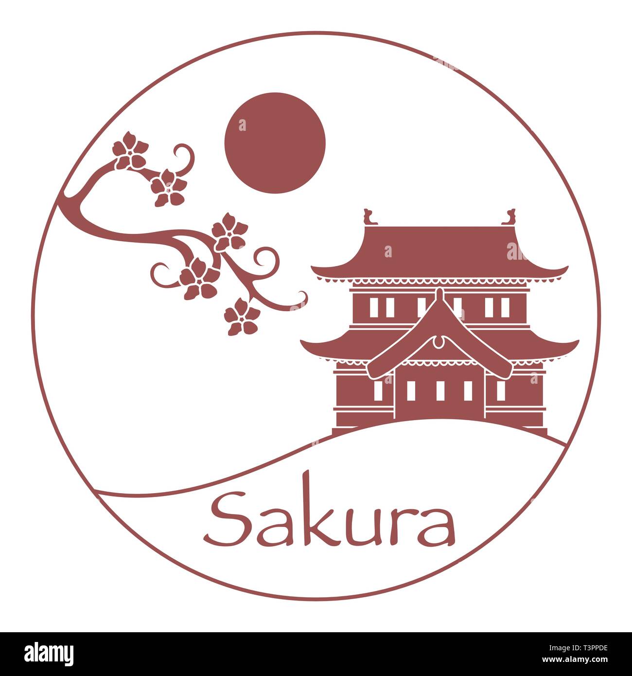 Vector illustration with sakura branch and old japanese castle. Japan ...