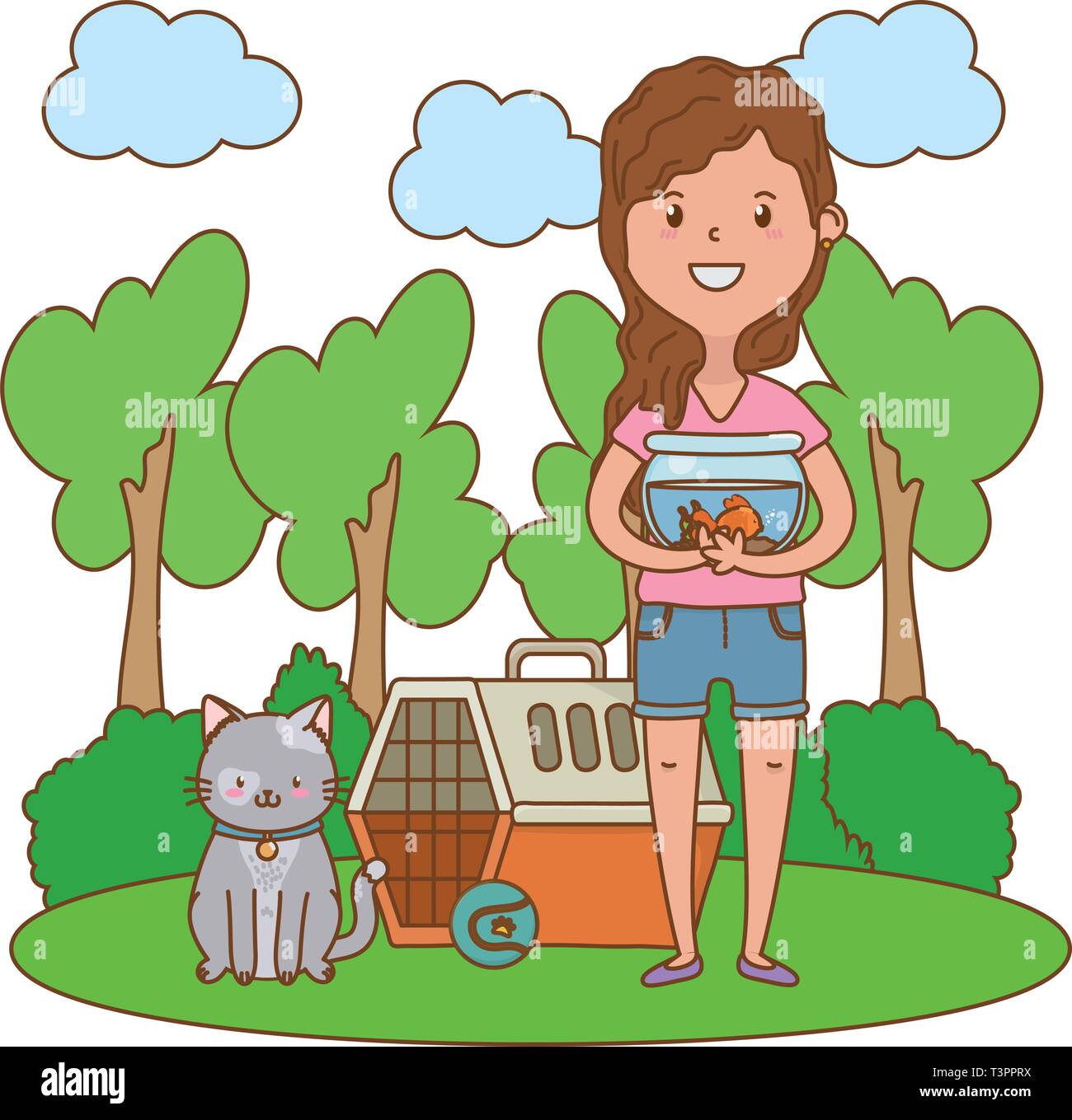 childhood happy child girl with cute little pets animals at outdoor ...