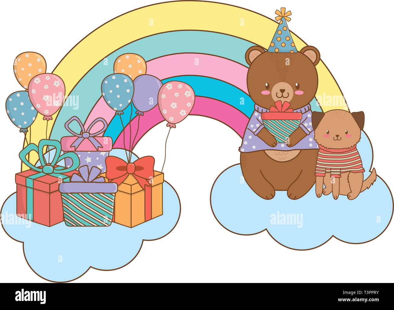 cute adorable animal birthday party scene magic festive over clouds ...