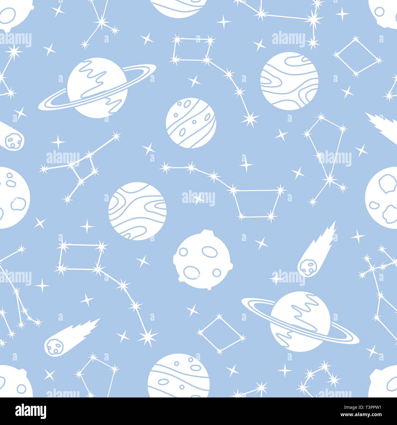 Seamless vector pattern with constellations, planets, Saturn, comet ...