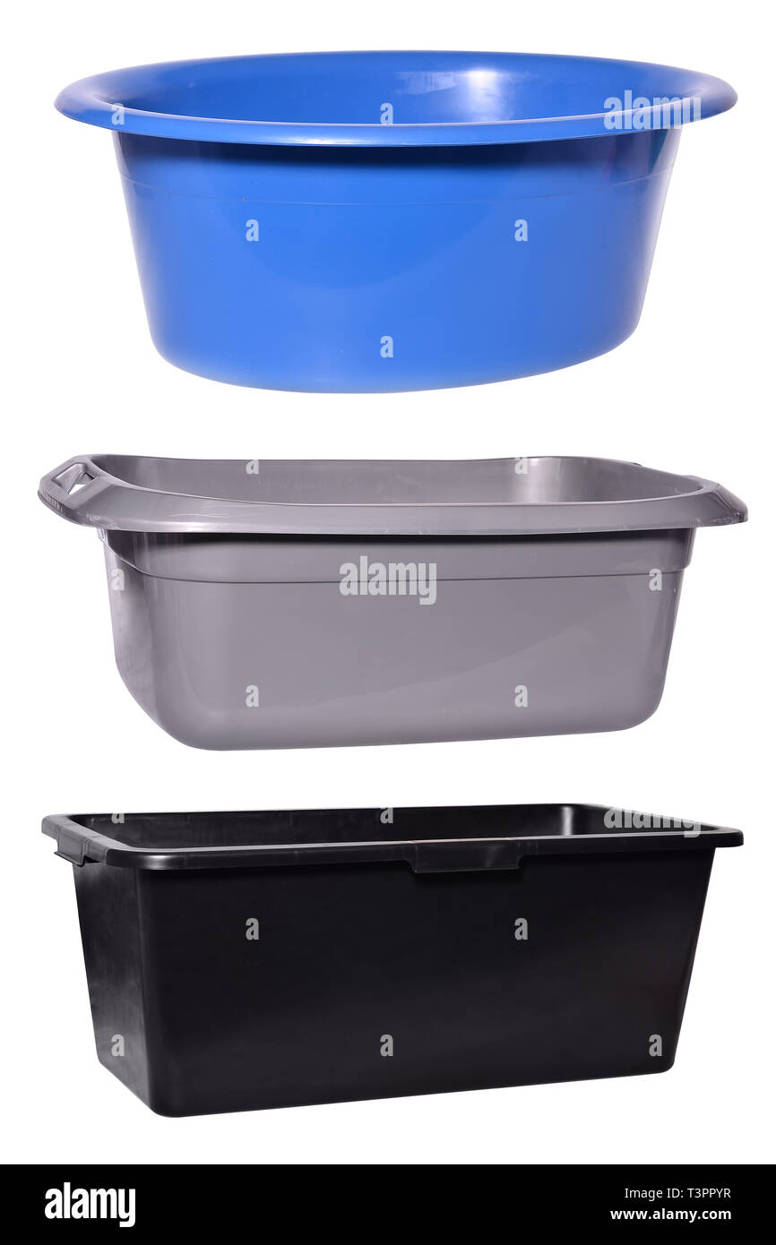 Set of plastic basins isolated on white background Stock Photo - Alamy
