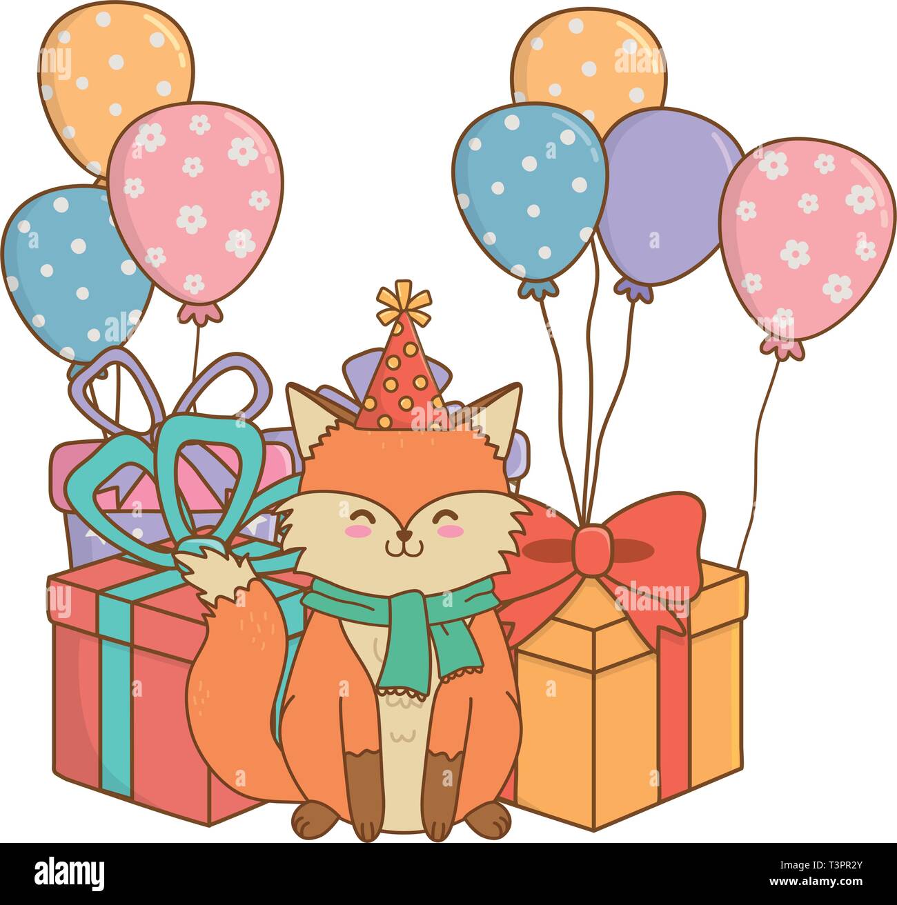 cute adorable animal fox birthday party scene festive cartoon vector ...