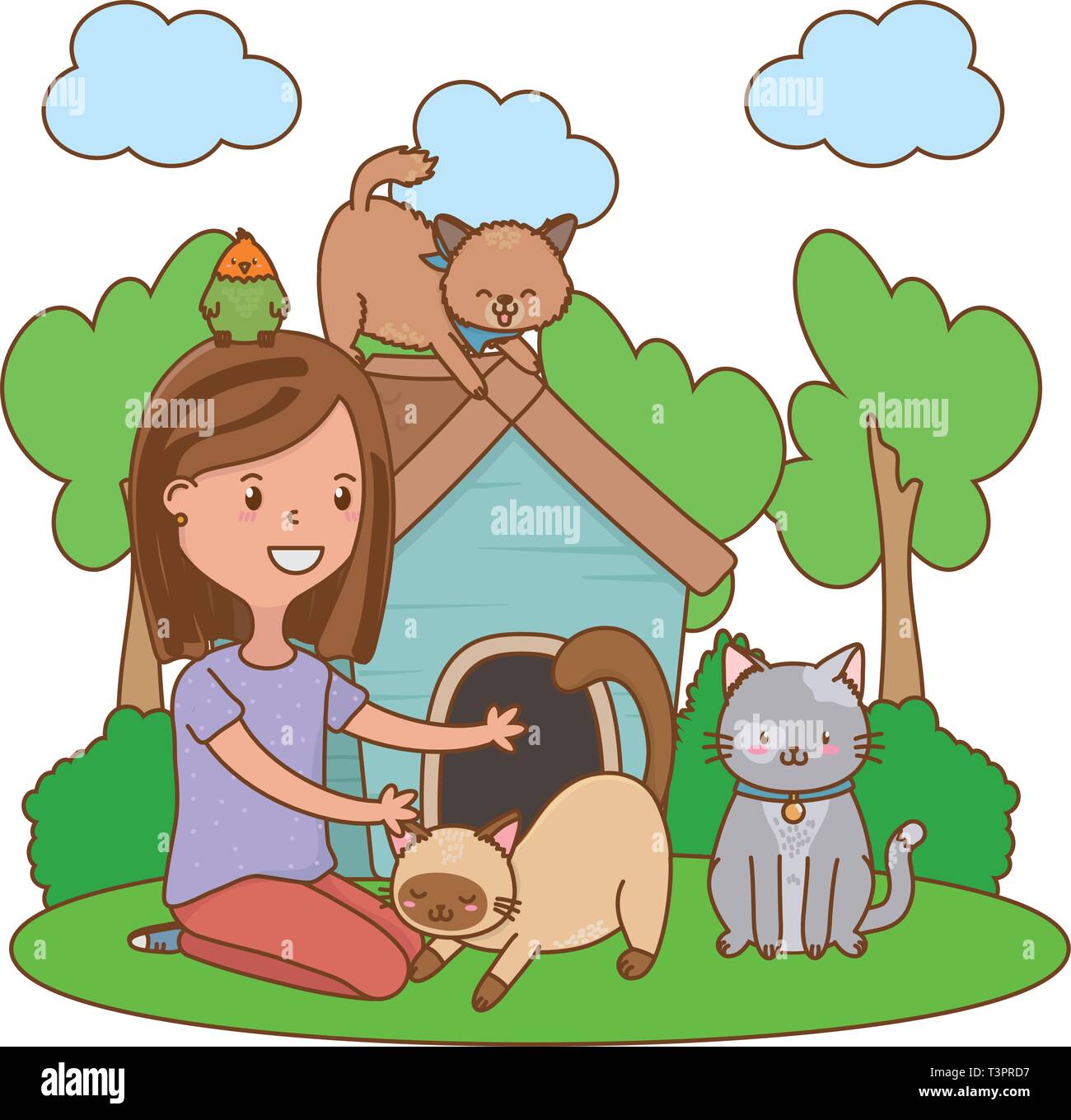childhood happy child girl with cute little pets animals at outdoor ...