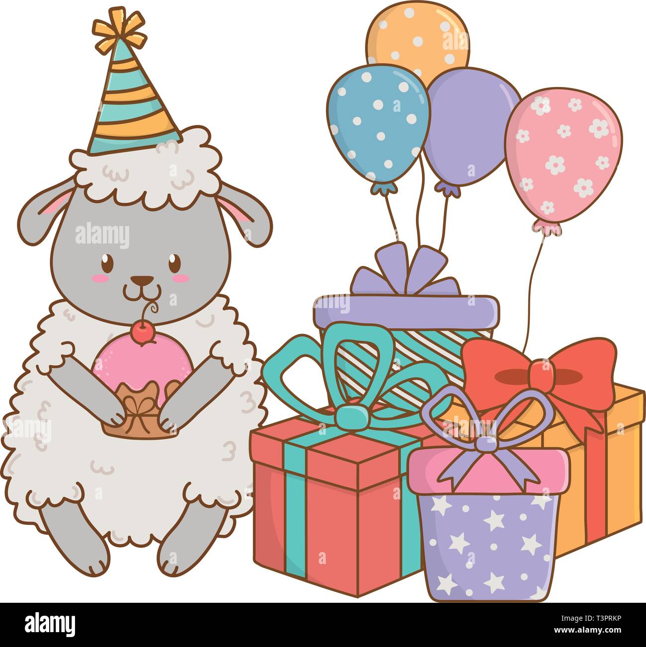 cute little animal sheep at birthday party festive elements cartoon ...