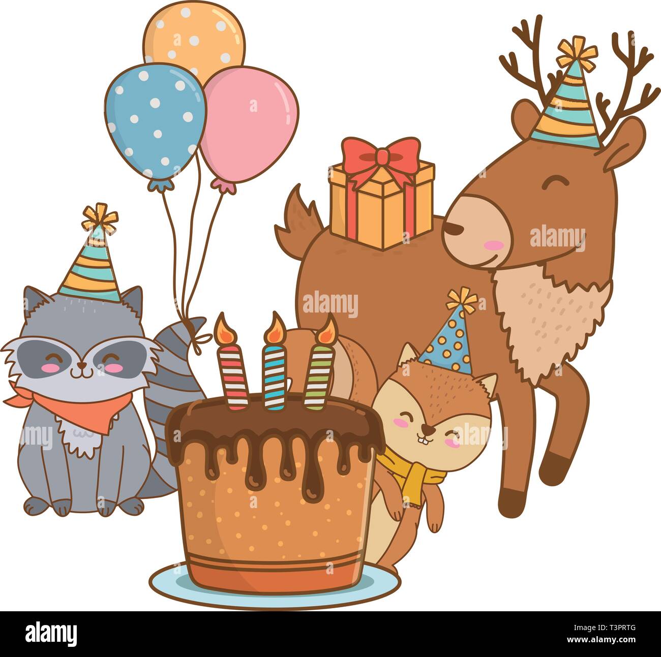 cute little animals at birthday party festive scene cartoon vector ...