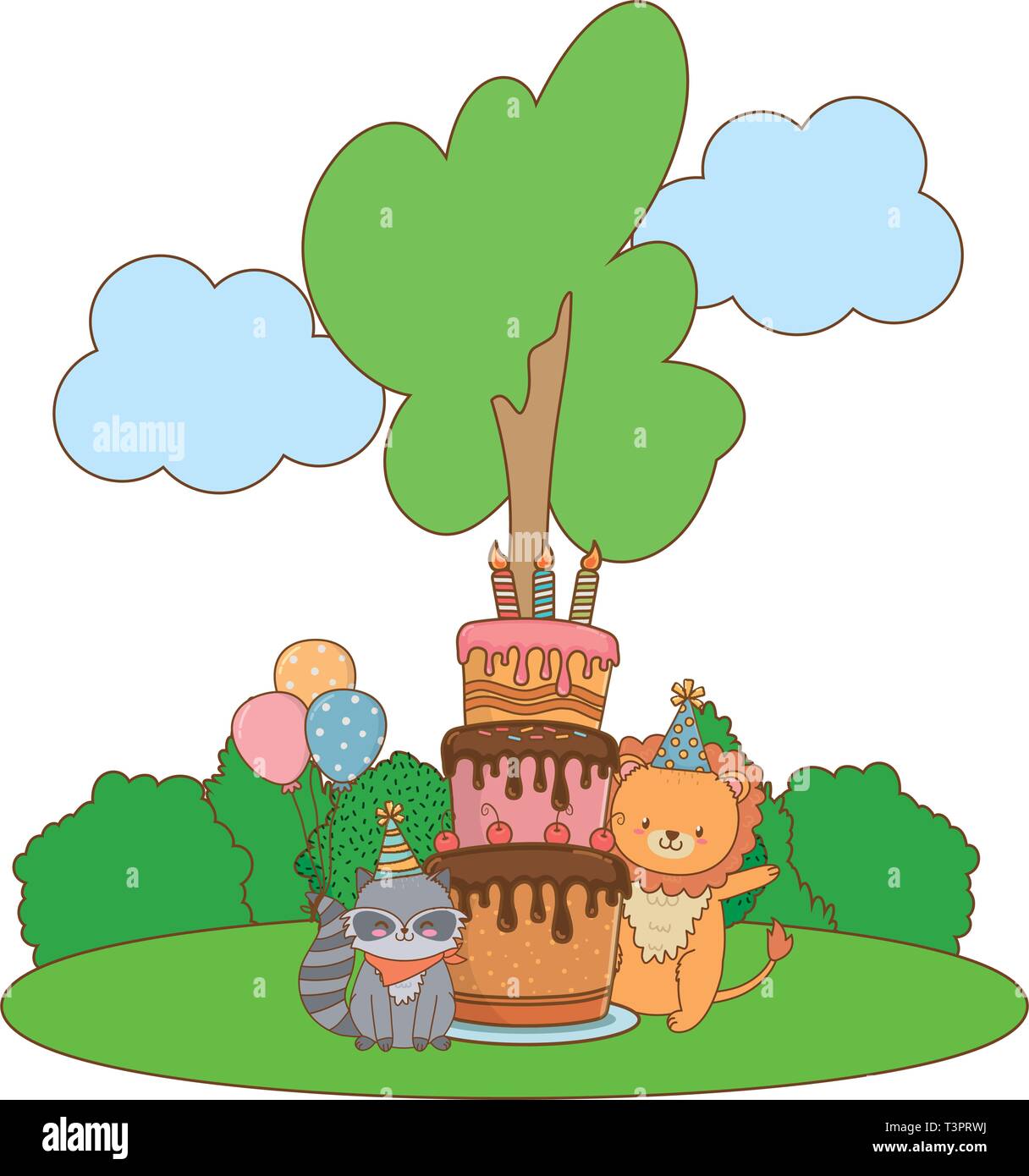 cute adorable animals birthday party outdoor scene festive cartoon ...