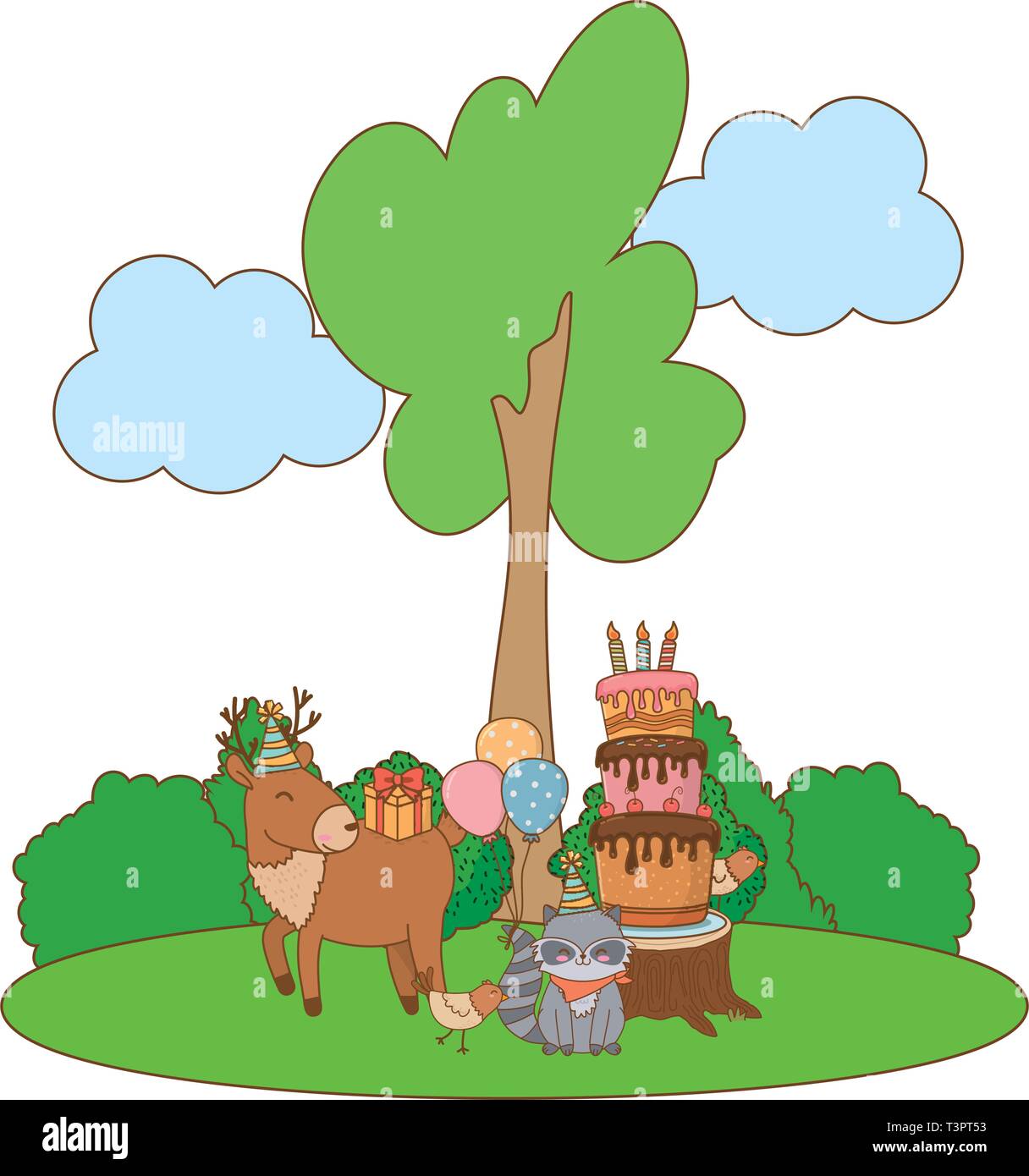 cute adorable animals birthday party outdoor scene festive cartoon ...