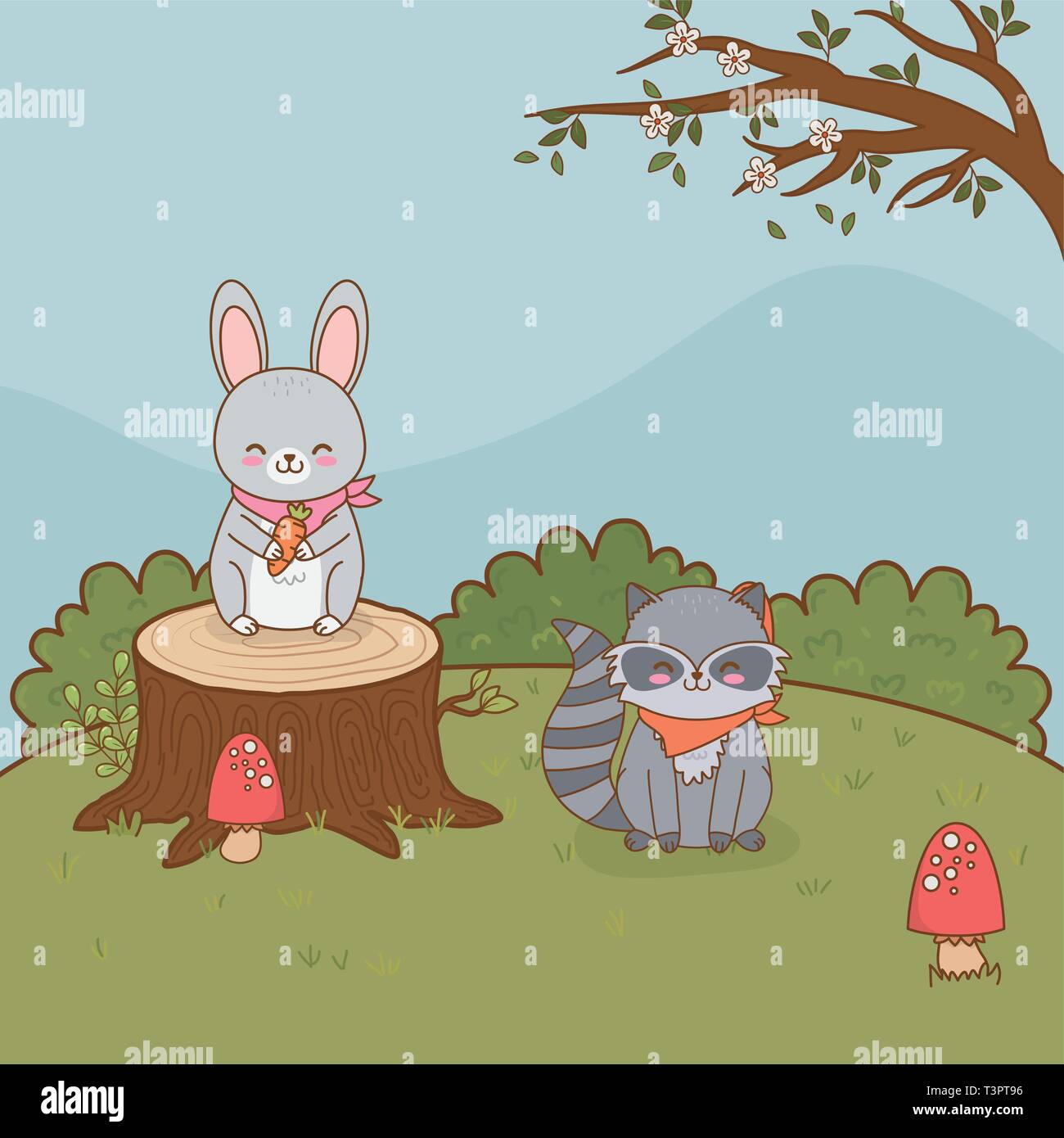 cute raccoon and rabbit in trunk woodland character vector illustration ...