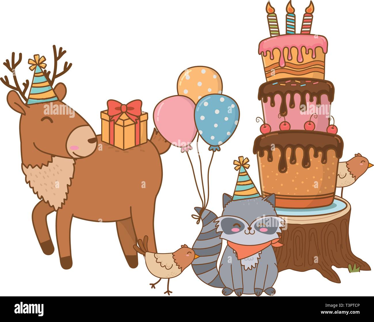 cute little animals at birthday party festive scene cartoon vector ...