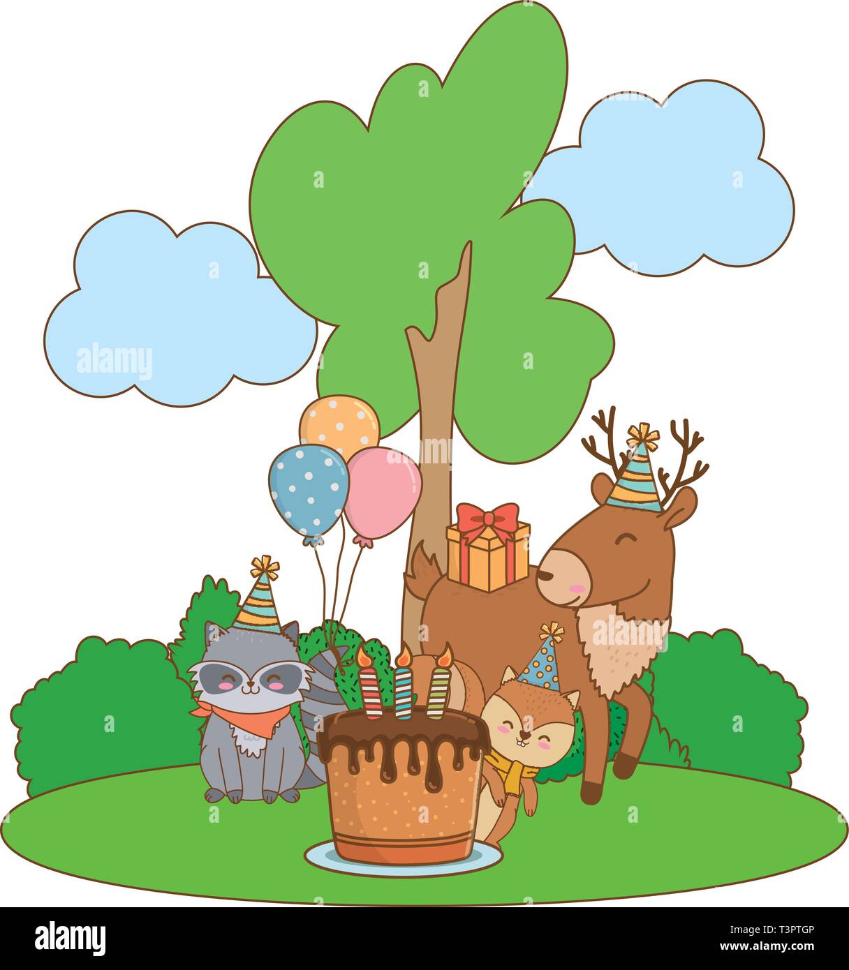 cute adorable animals birthday party outdoor scene festive cartoon ...