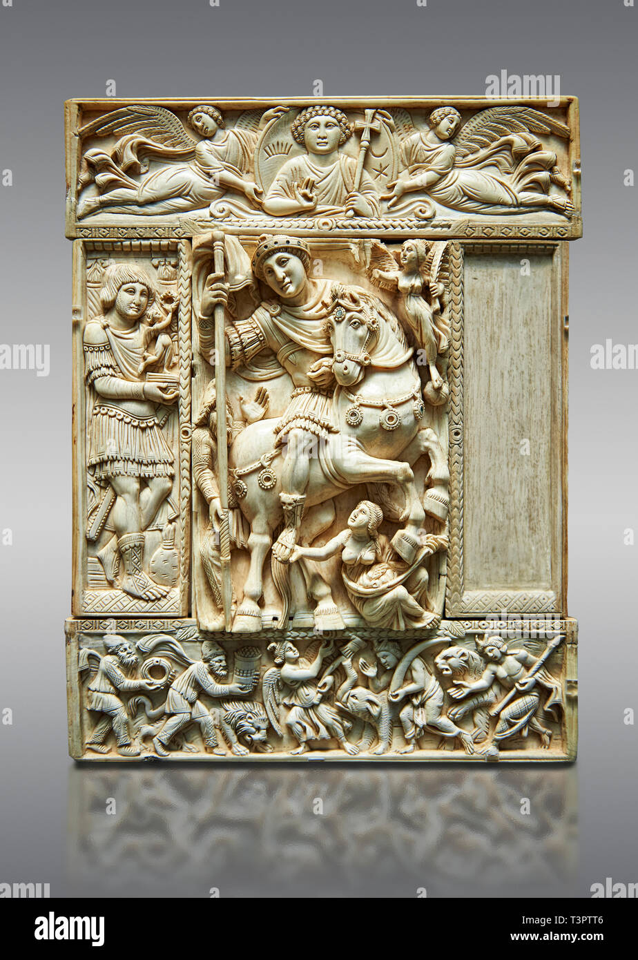 Medieval ivory relief panel from a diptych depicting a triumphant ...