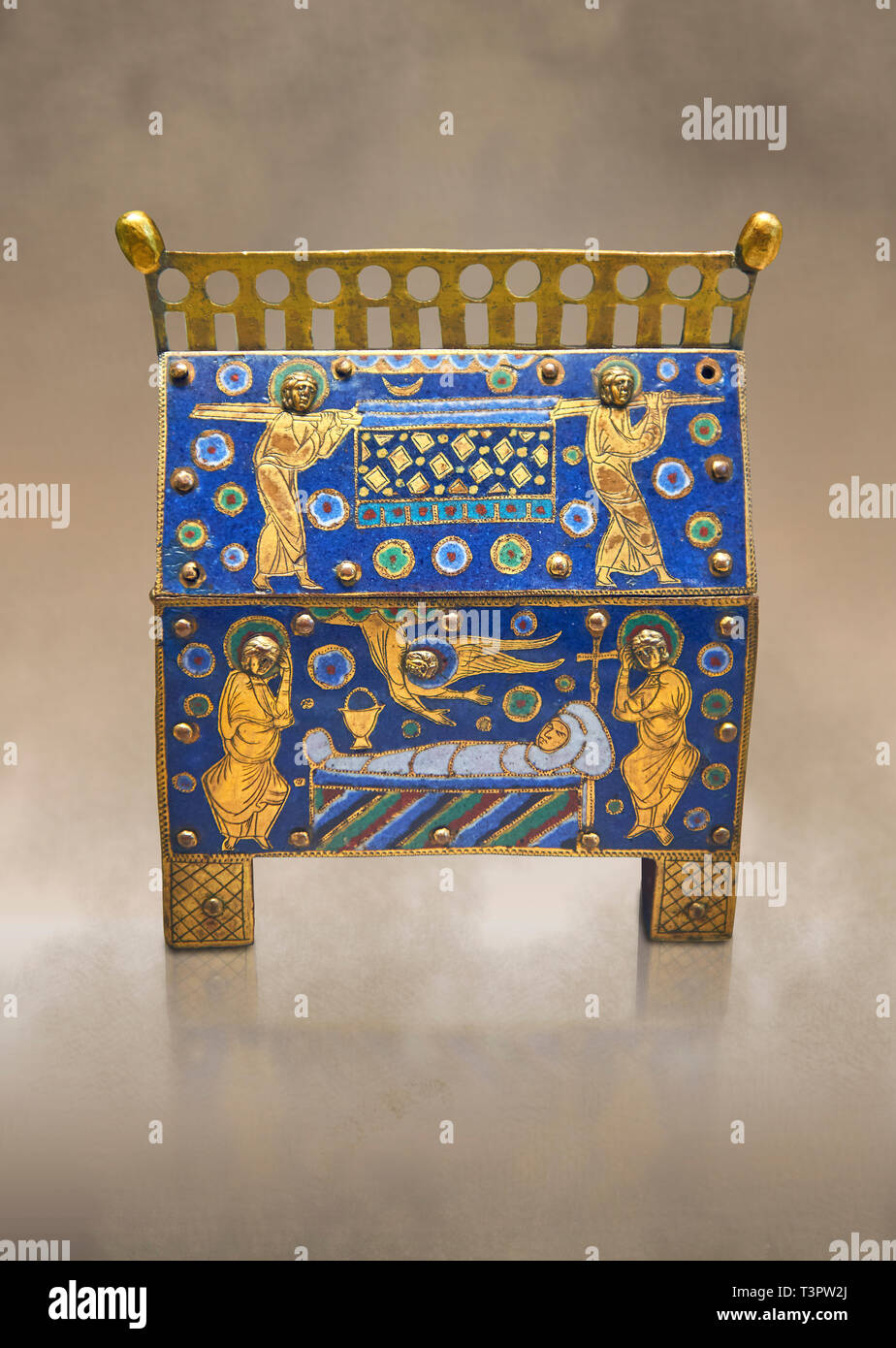 Medieval enamelled box depicting the entombment of a Saint, beginning ...