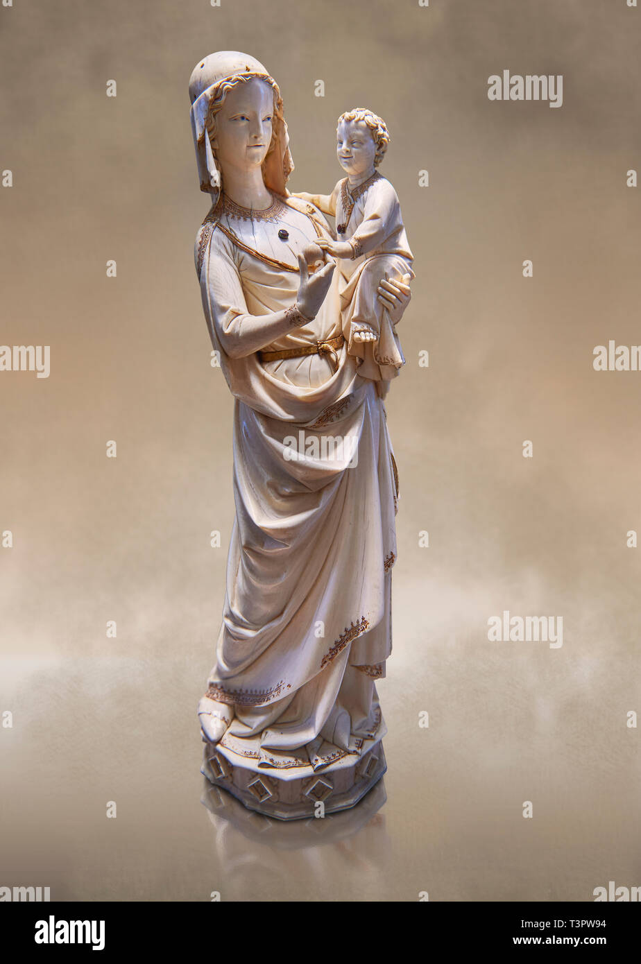 Medieval Gothic ivory statuette of the Virgin and Child with traces of ...