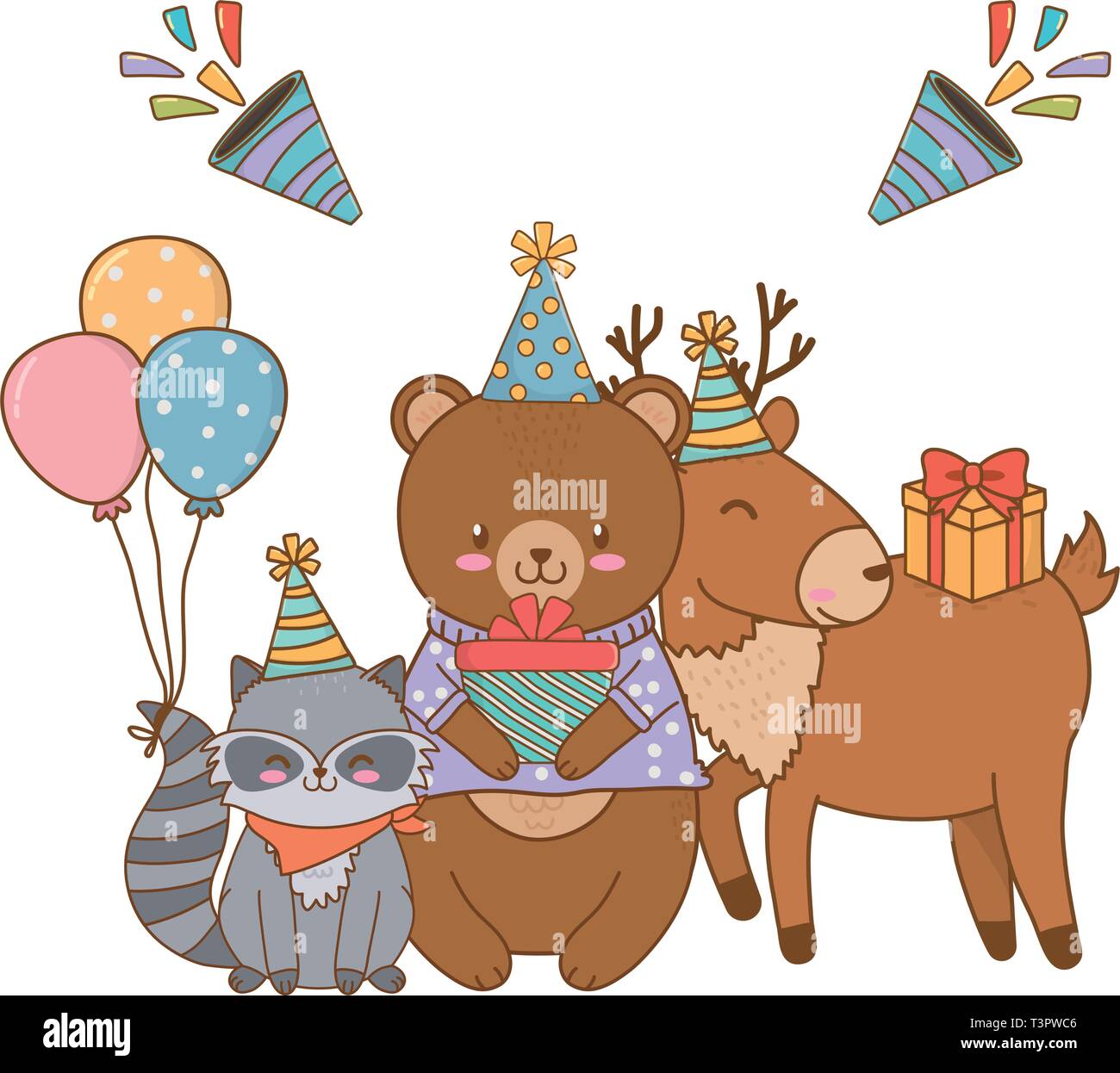 cute little animals at birthday party festive scene cartoon vector ...
