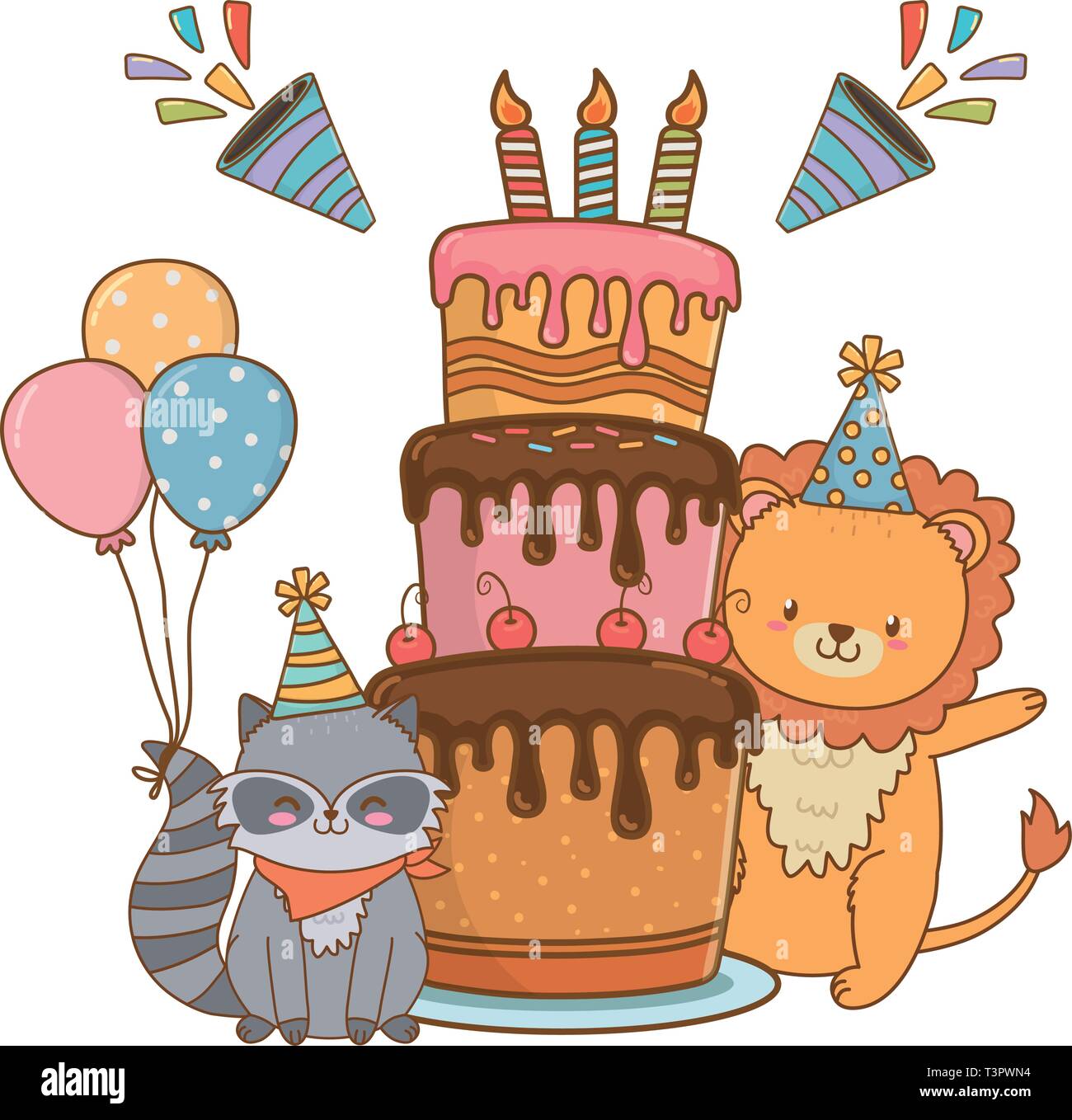 cute little animals at birthday party festive scene cartoon vector ...
