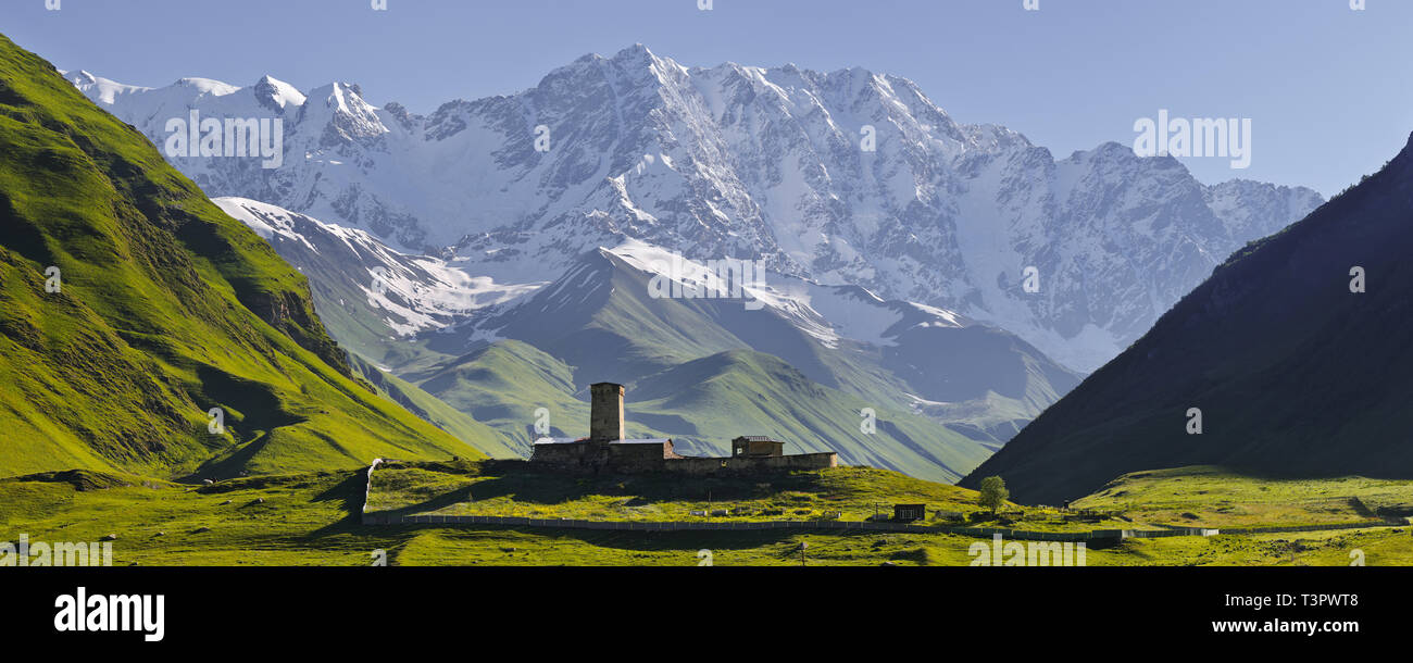 Mountain panorama. Lamaria old church on hill. Summer landscape ...