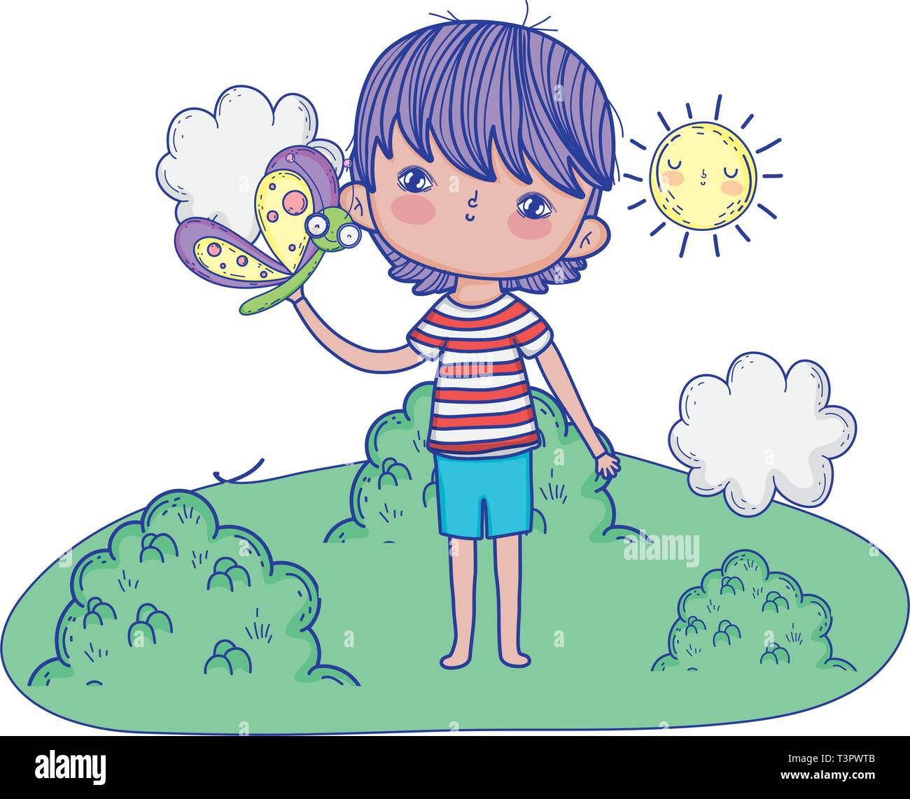little boy with butterfly in the landscape characters vector ...