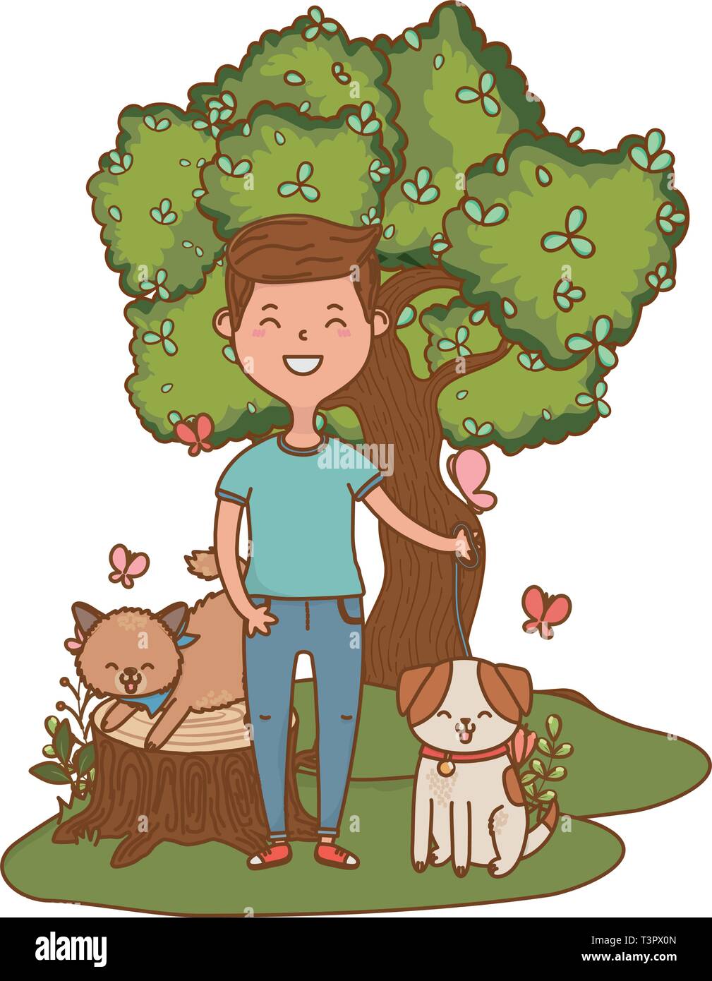 childhood happy child boy with little animals pets at outdoor scene ...