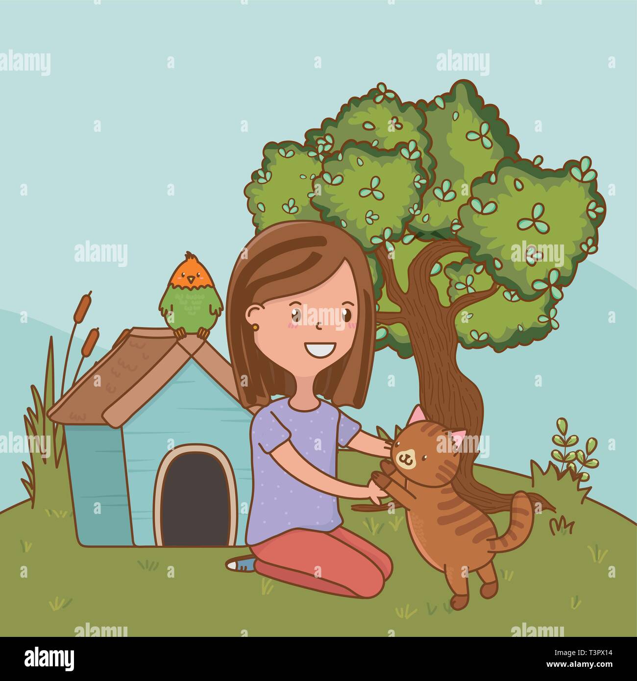childhood happy child girl with cute little pets animals at outdoor ...