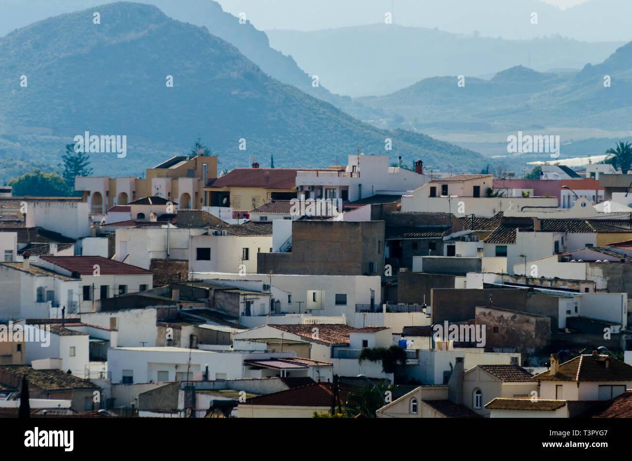 ANTAS, SPAIN - JANUARY 18, 2019 A panorama of an old Spanish town next ...