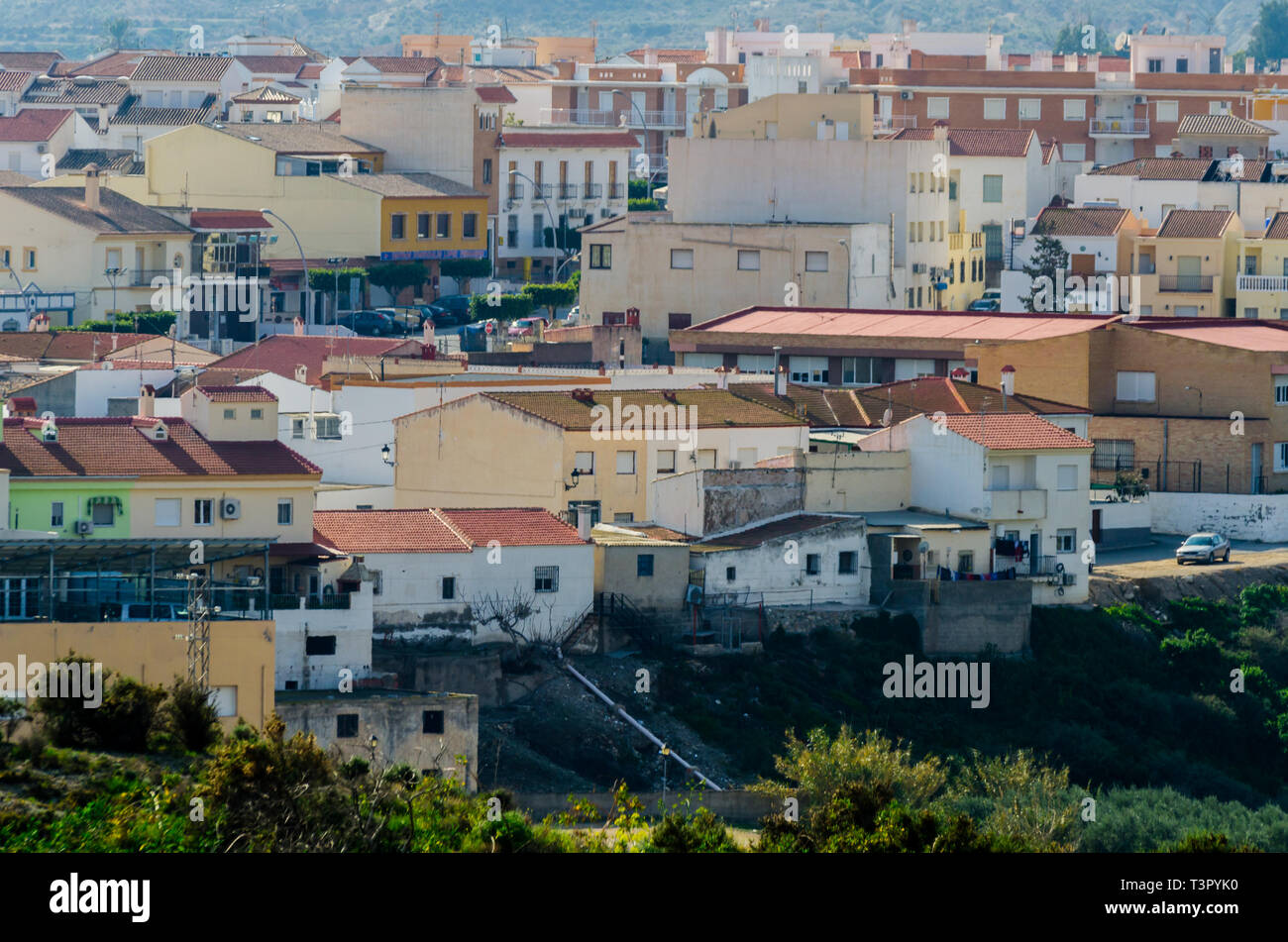 ANTAS, SPAIN - JANUARY 18, 2019 A panorama of an old Spanish town next ...