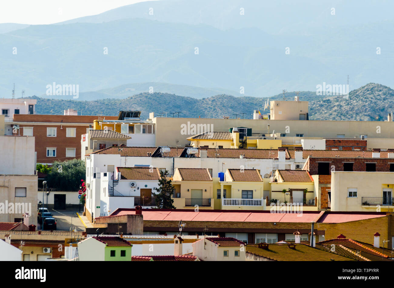 ANTAS, SPAIN - JANUARY 18, 2019 A panorama of an old Spanish town next ...
