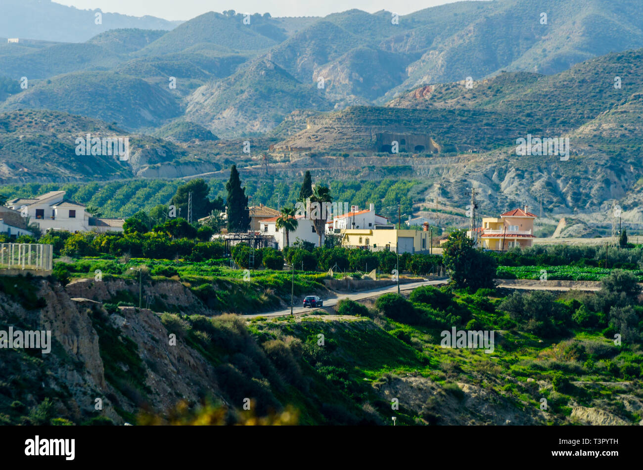 ANTAS, SPAIN - JANUARY 18, 2019 A panorama of an old Spanish town next ...