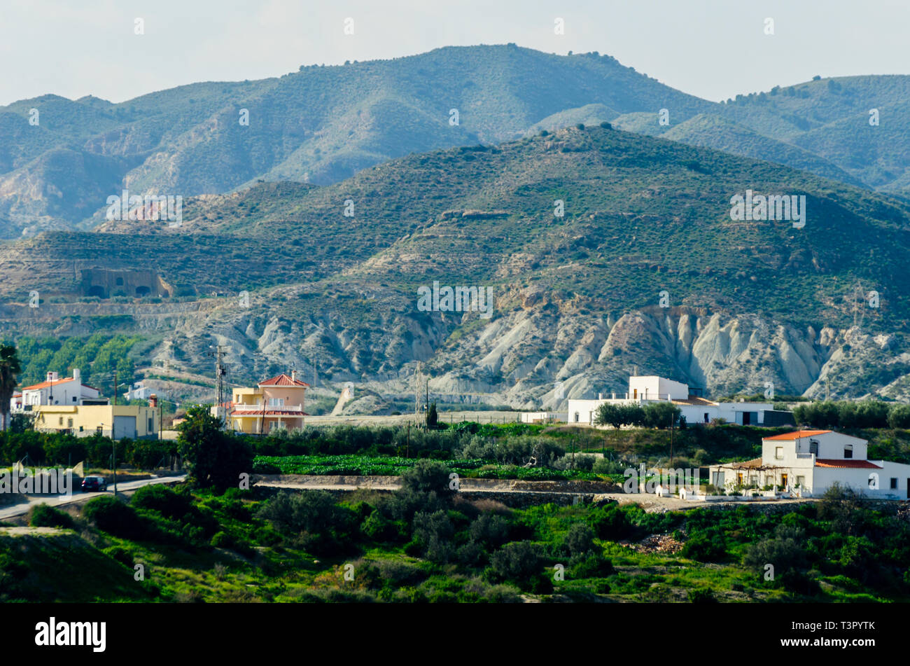 ANTAS, SPAIN - JANUARY 18, 2019 A panorama of an old Spanish town next ...