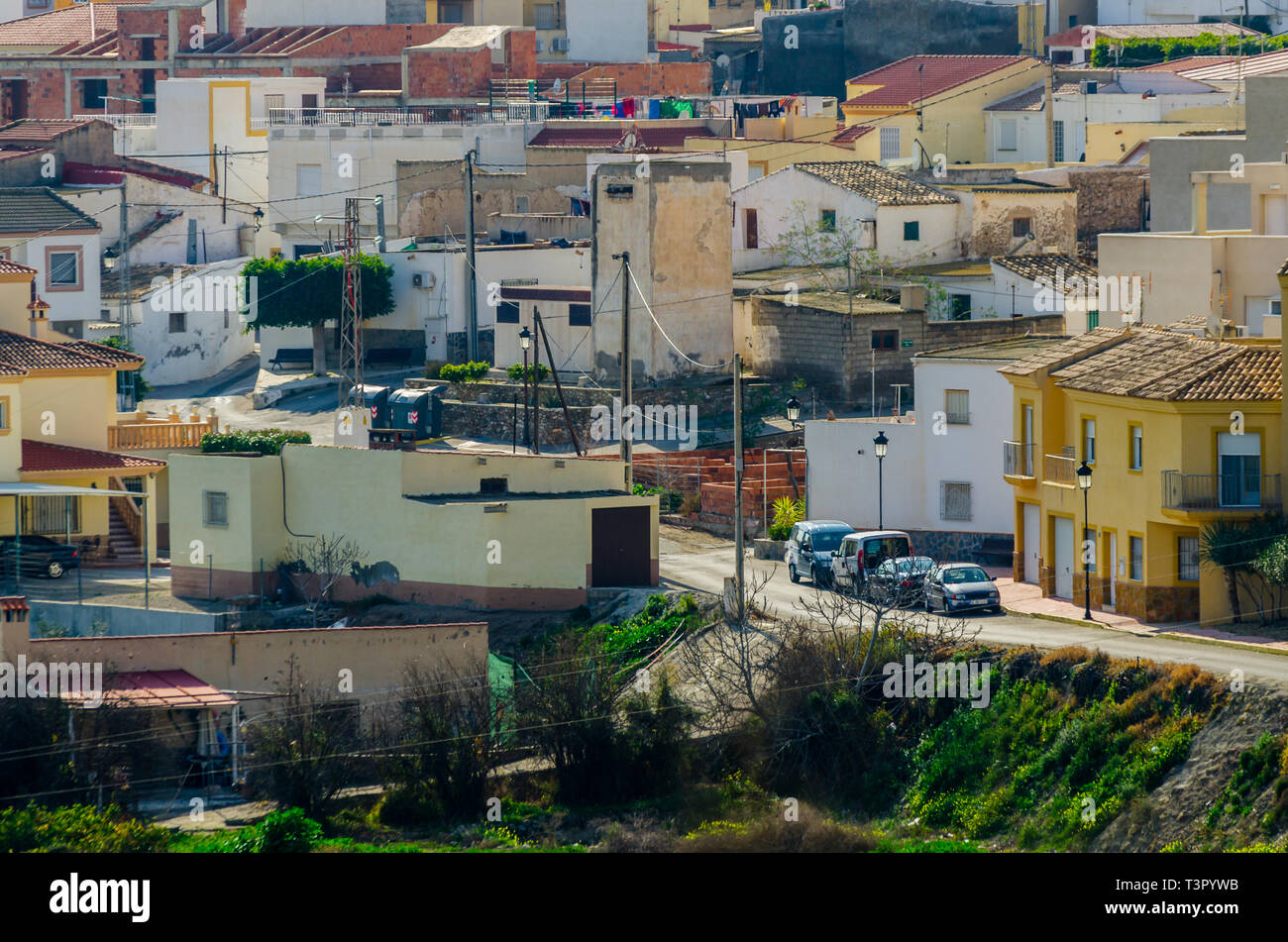 ANTAS, SPAIN - JANUARY 18, 2019 A panorama of an old Spanish town next ...