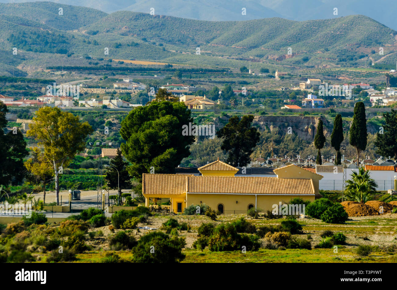 ANTAS, SPAIN - JANUARY 18, 2019 A panorama of an old Spanish town next ...