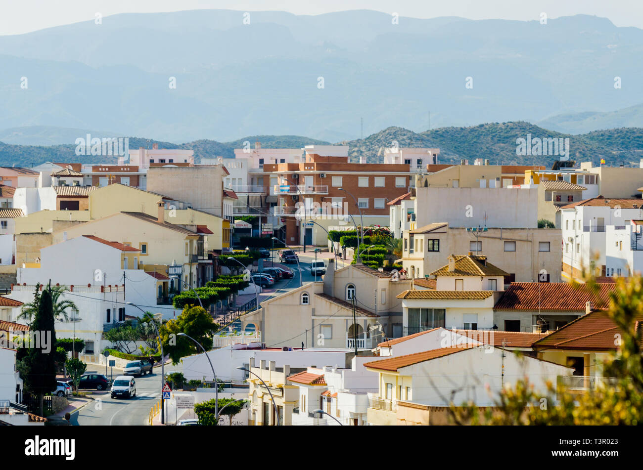 ANTAS, SPAIN - JANUARY 18, 2019 A panorama of an old Spanish town next ...