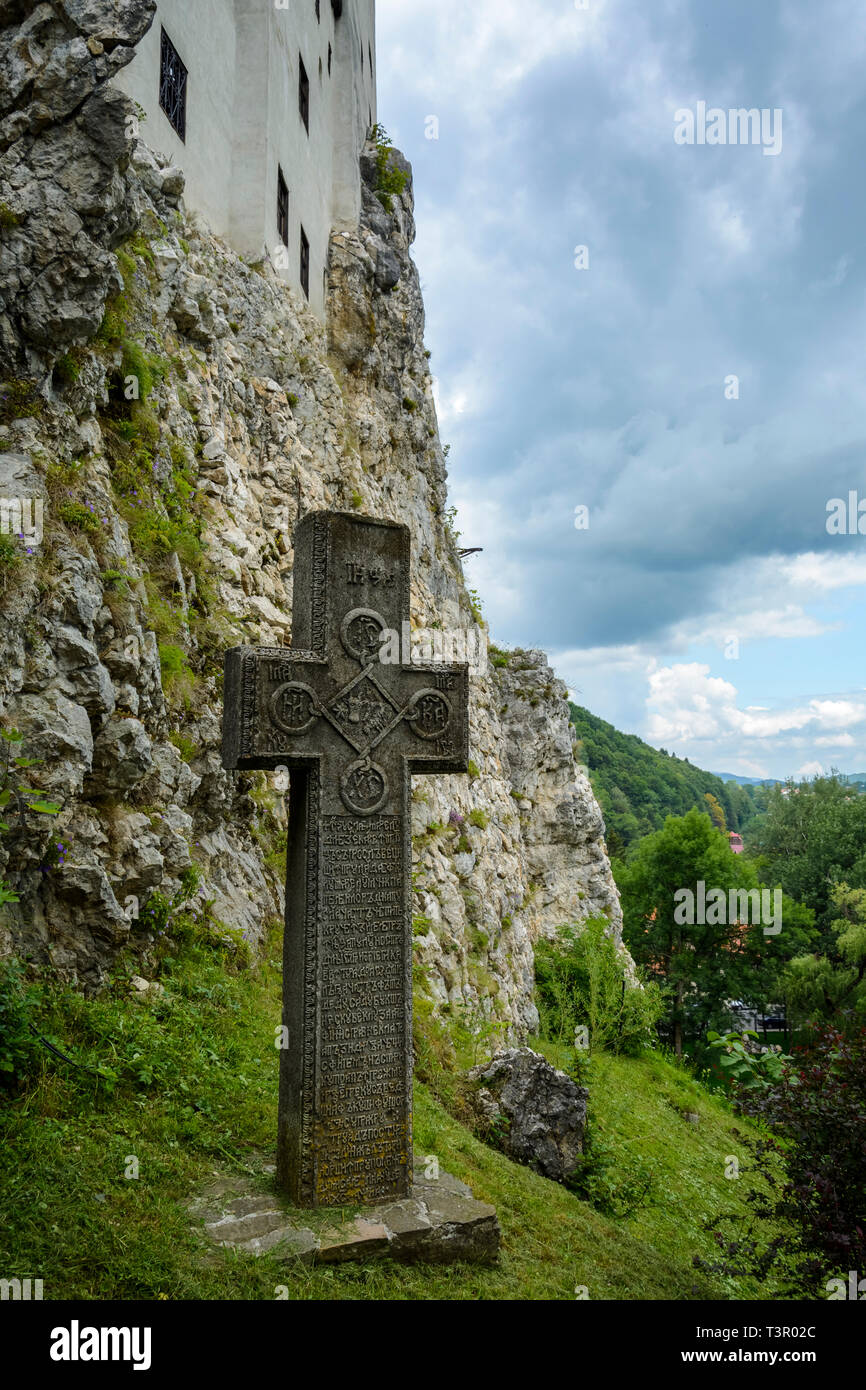 Bran, Romania, July 14, 2018 : Ancient stone cross with mysterious ...