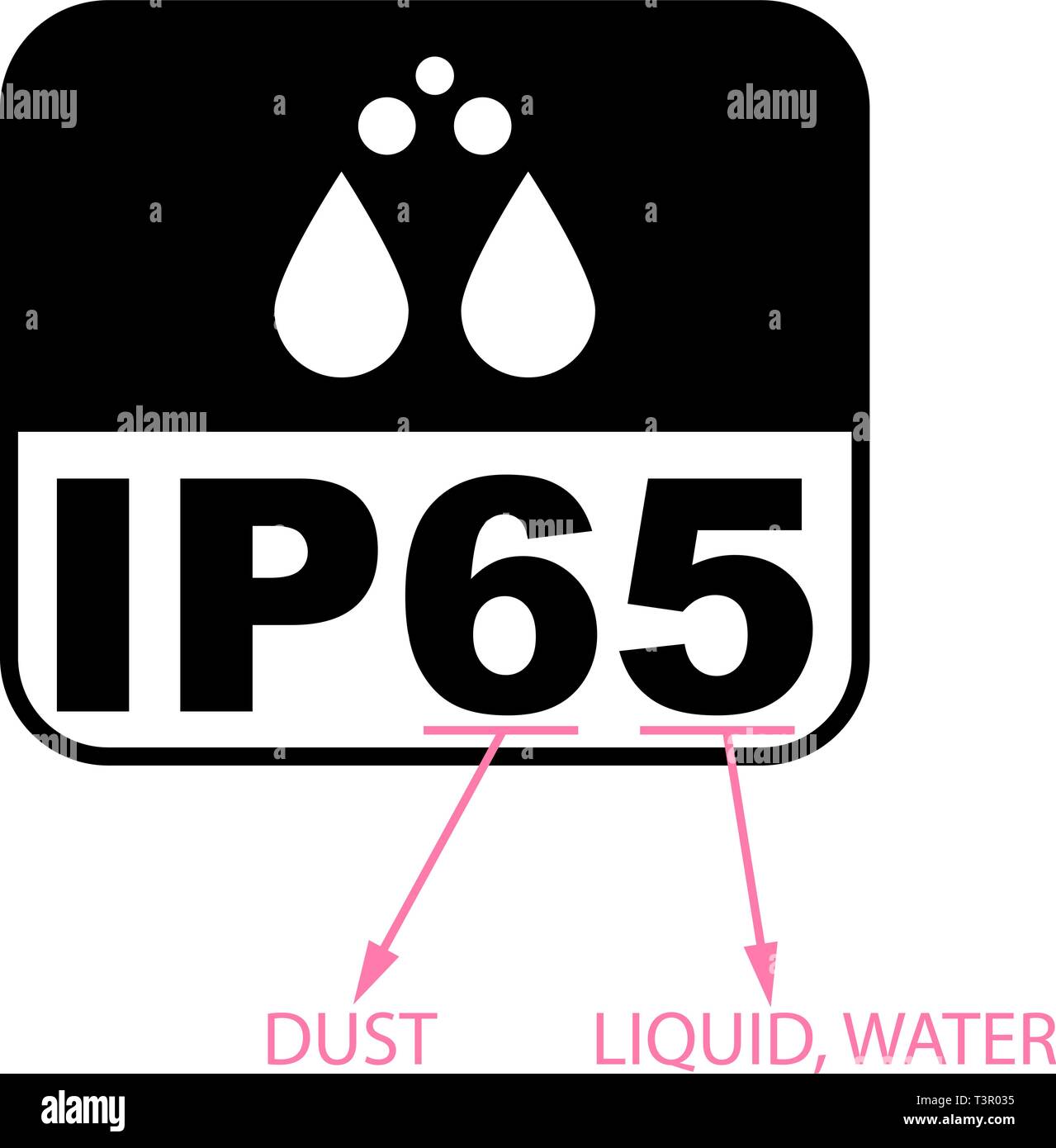 IP65 protection certificate standard icon. Water and dust or solids ...