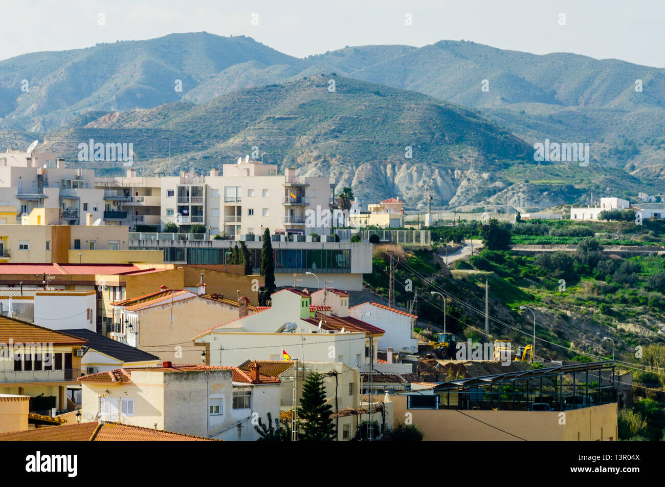 ANTAS, SPAIN - JANUARY 18, 2019 A panorama of an old Spanish town next ...