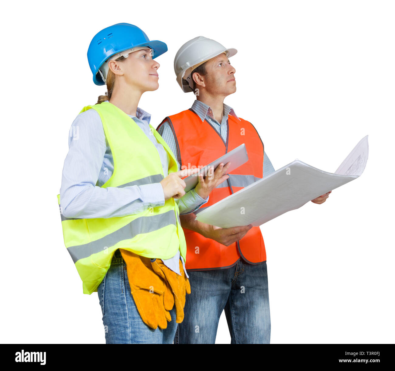 Foreman and engineer with blueprints isolated on white Stock Photo - Alamy