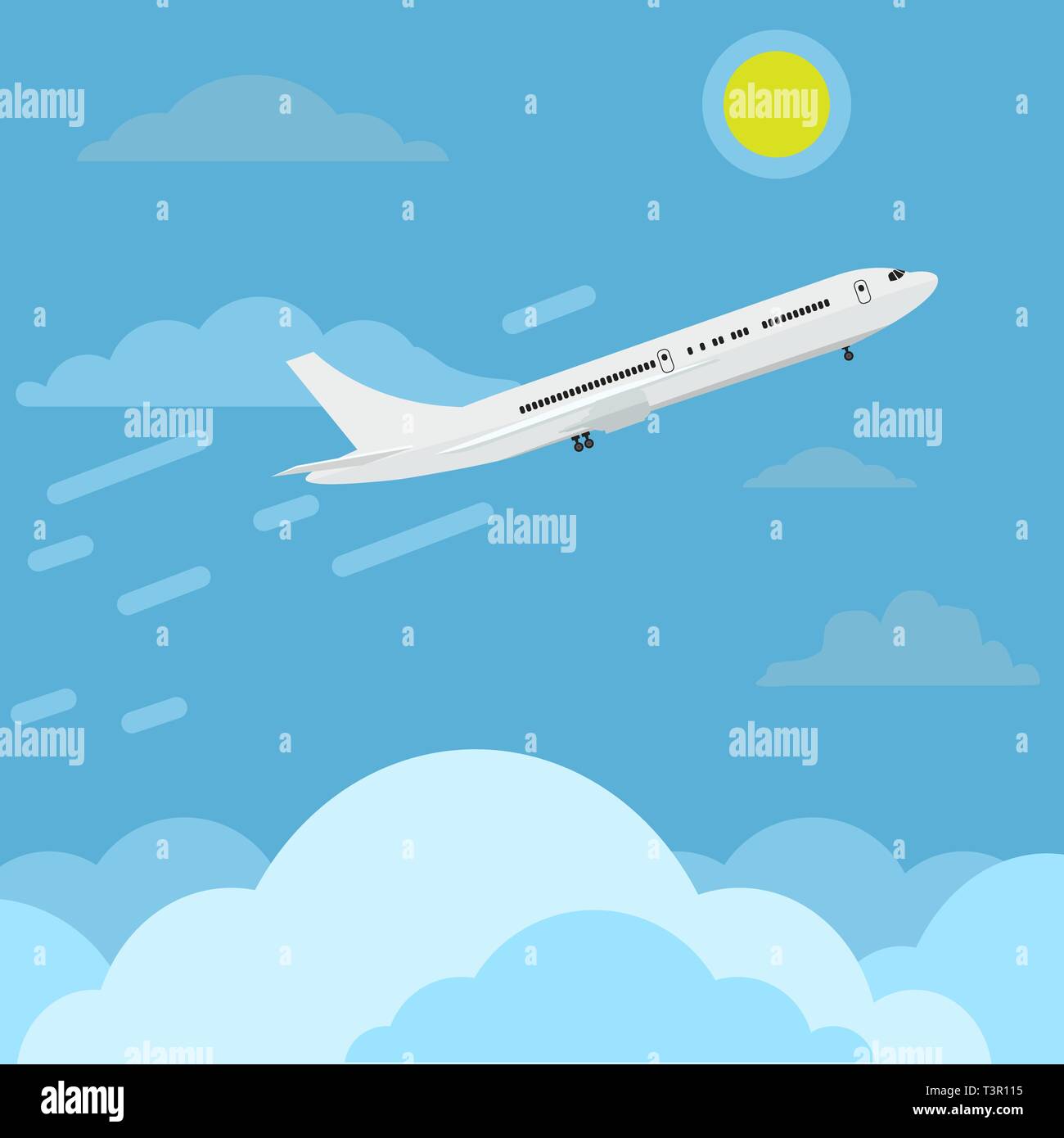 Airplane flying in sky above clouds higher and higher to top. Travel ...