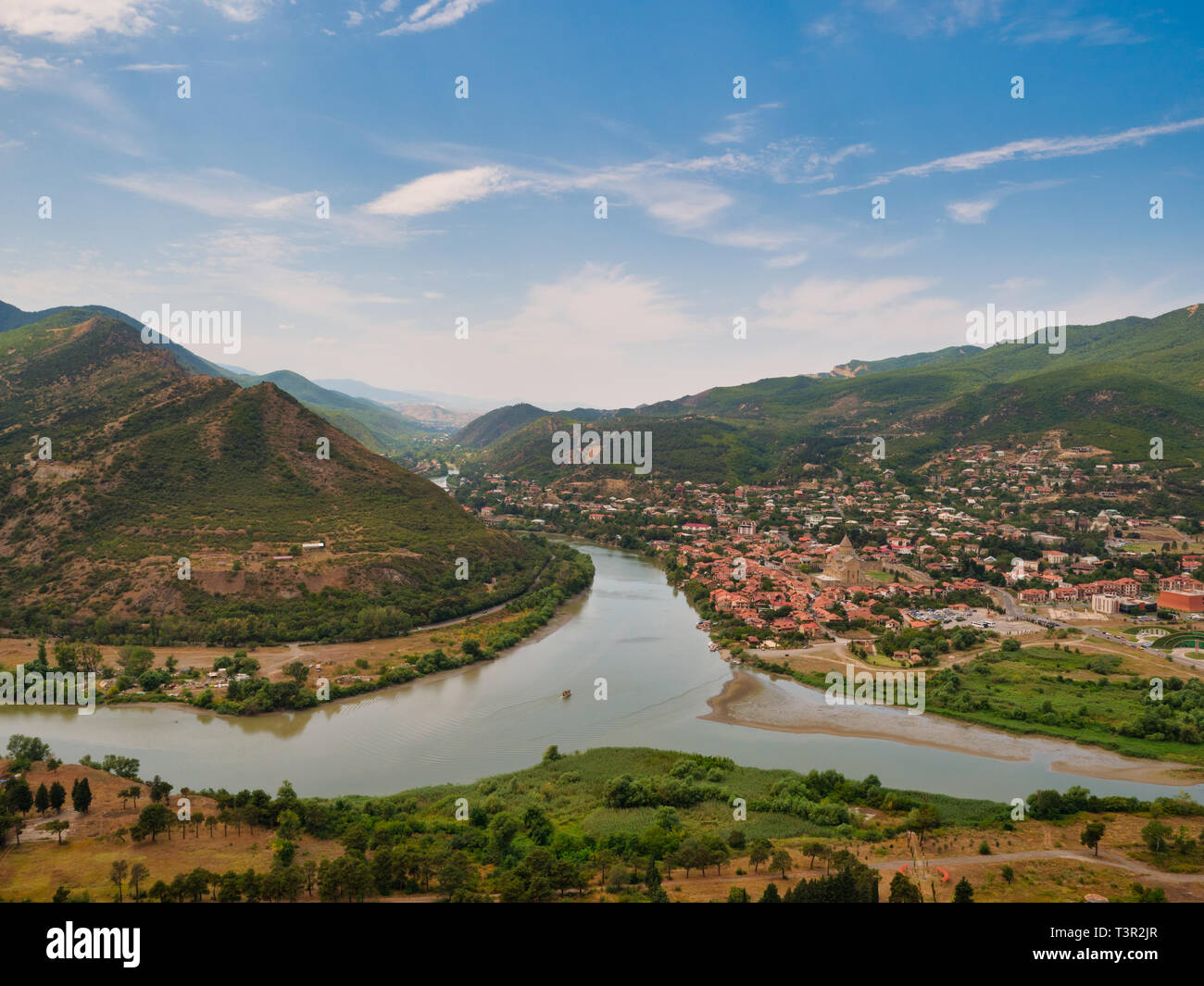 Aerial view of Kura and Aragvi rivers confluence near the old Georgian ...
